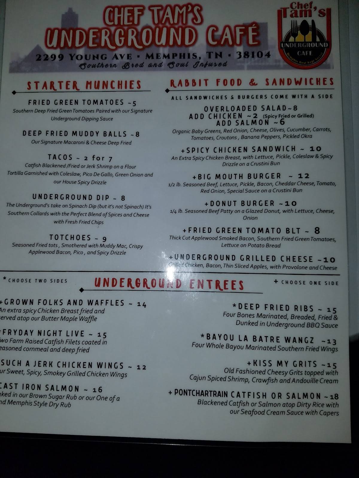Menu at Chef Tam's Underground Cafe, Memphis, 668 Union Ave