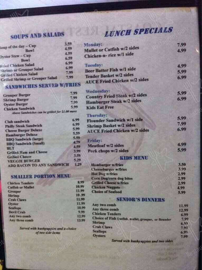 Menu at Coastal Seafood Restaurant, Panacea