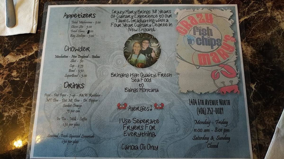 Menu at Crazy Mary's Fish & Chips restaurant, Billings
