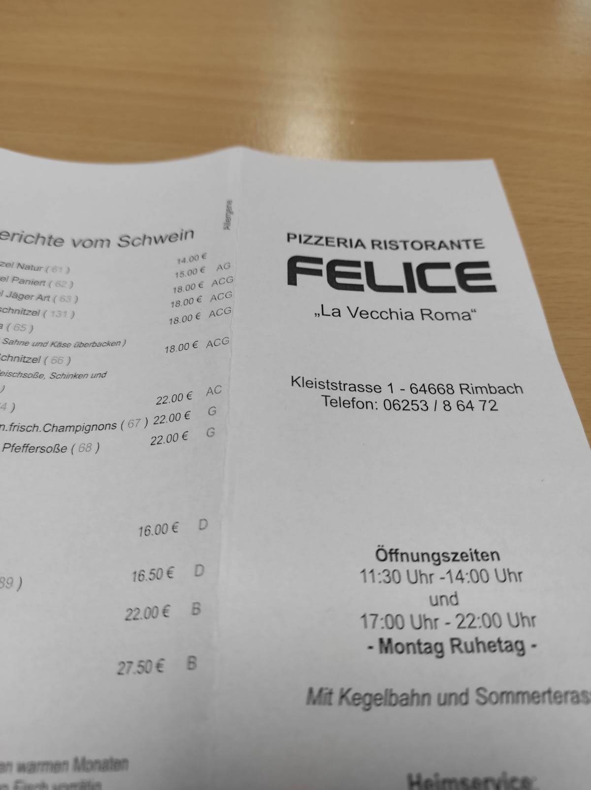 Speisekarte von Da Felice restaurant, Rimbach