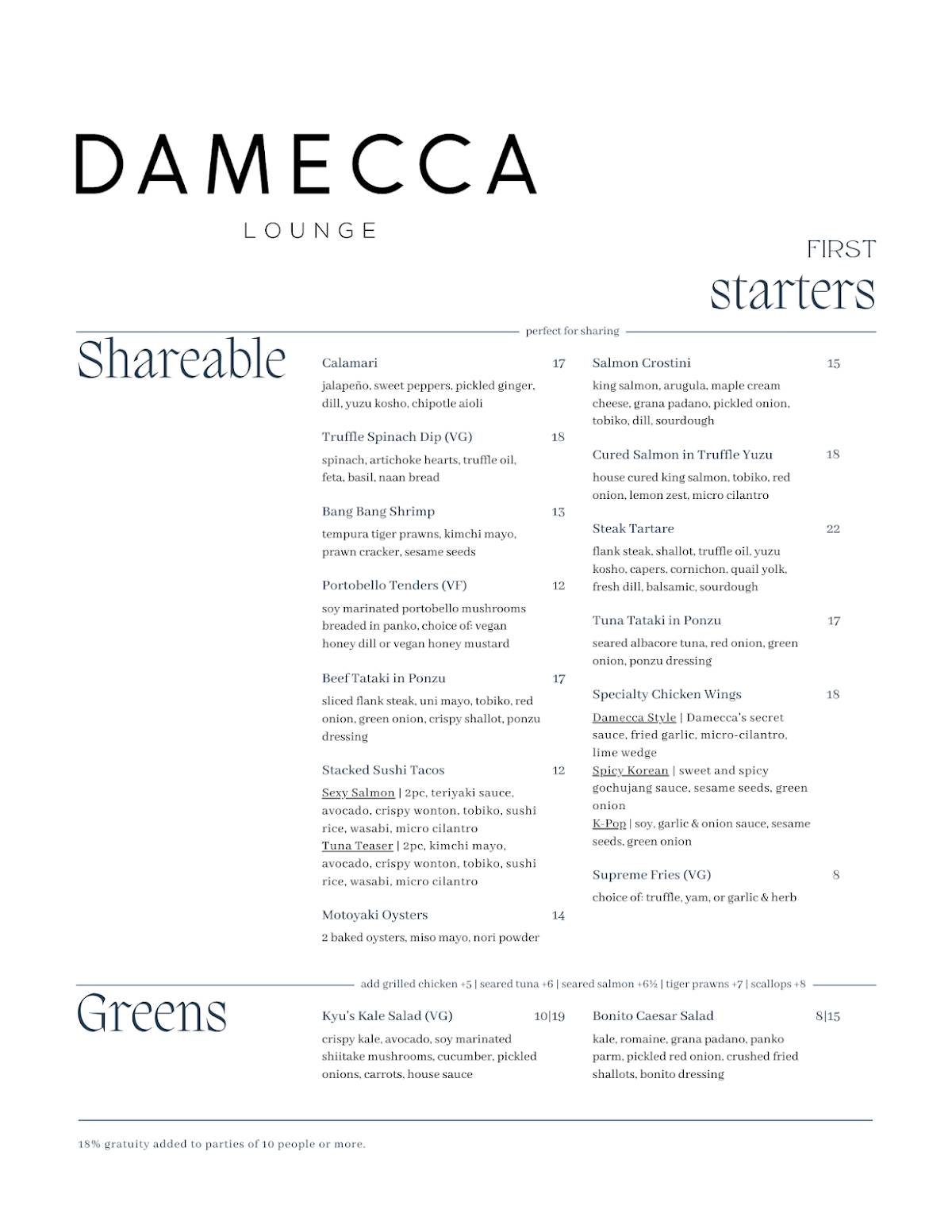 Menu at Damecca Lounge restaurant, Winnipeg