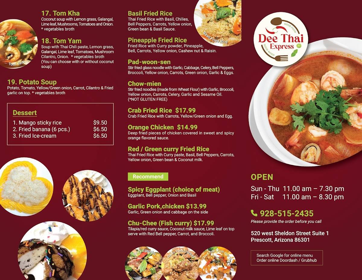 Menu at Dee Thai Express restaurant, Prescott