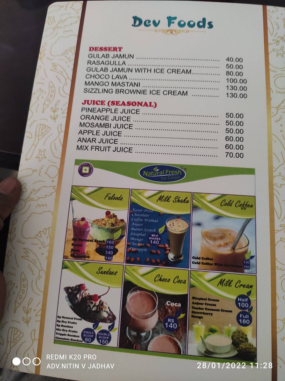 Menu at Dev Foods, Pusad