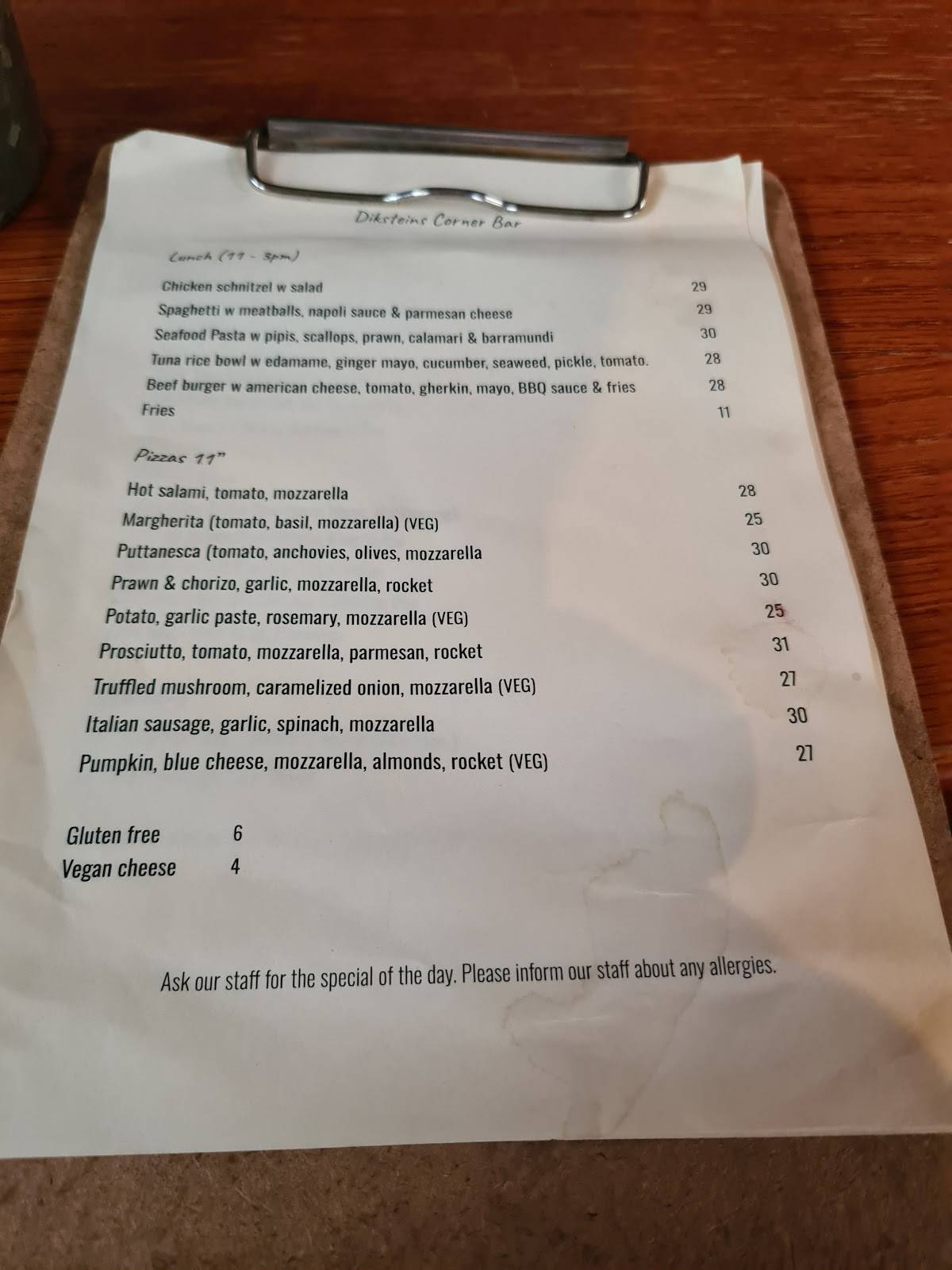 Menu at Dikstein's Corner Bar, Melbourne