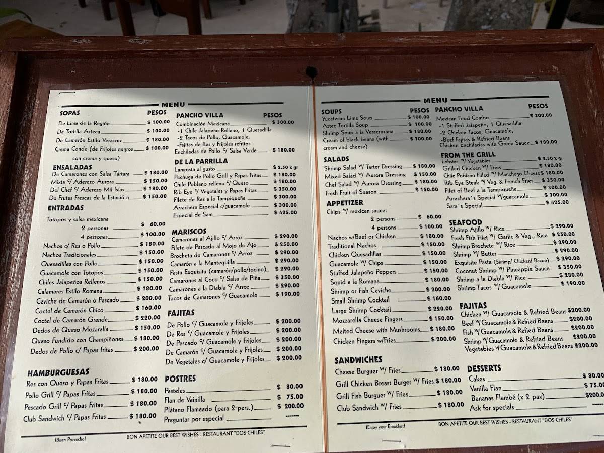 Carta del restaurante Dos Chíles, Puerto Aventuras, Centro Comercial Marina