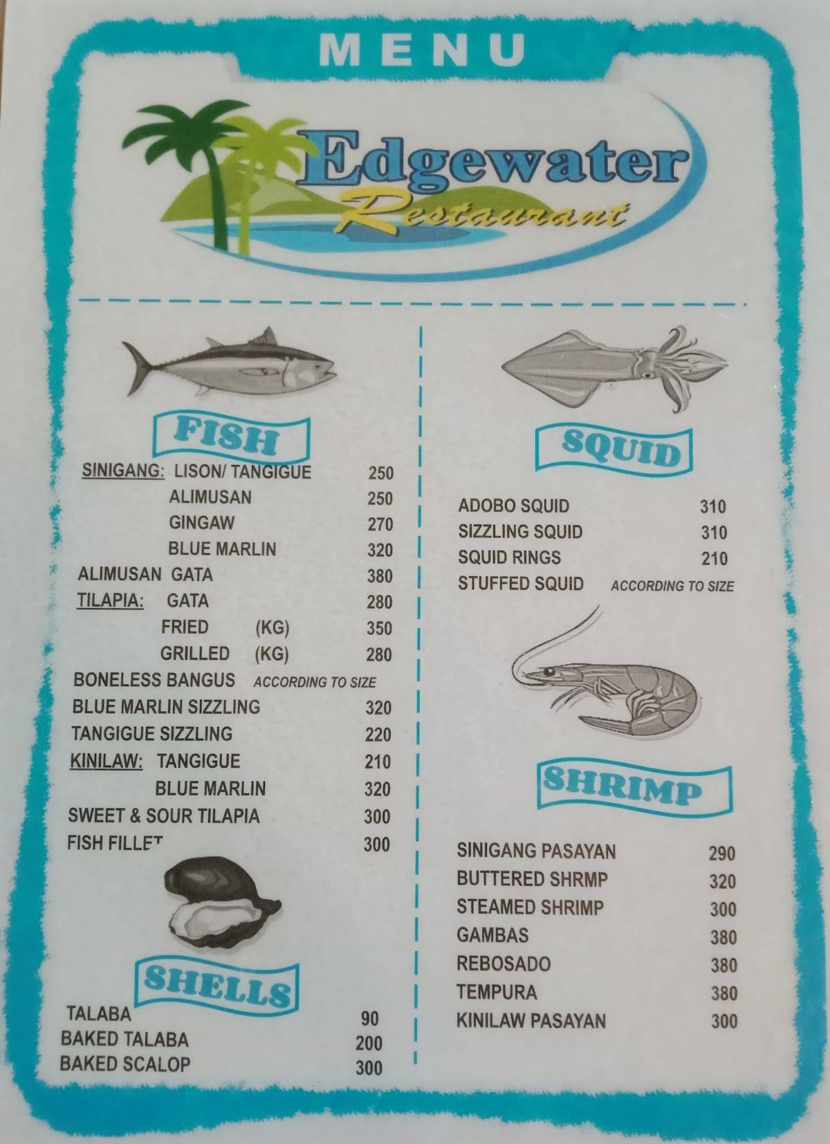 Menu at Edge Water Seafood Restaurant, Silay City