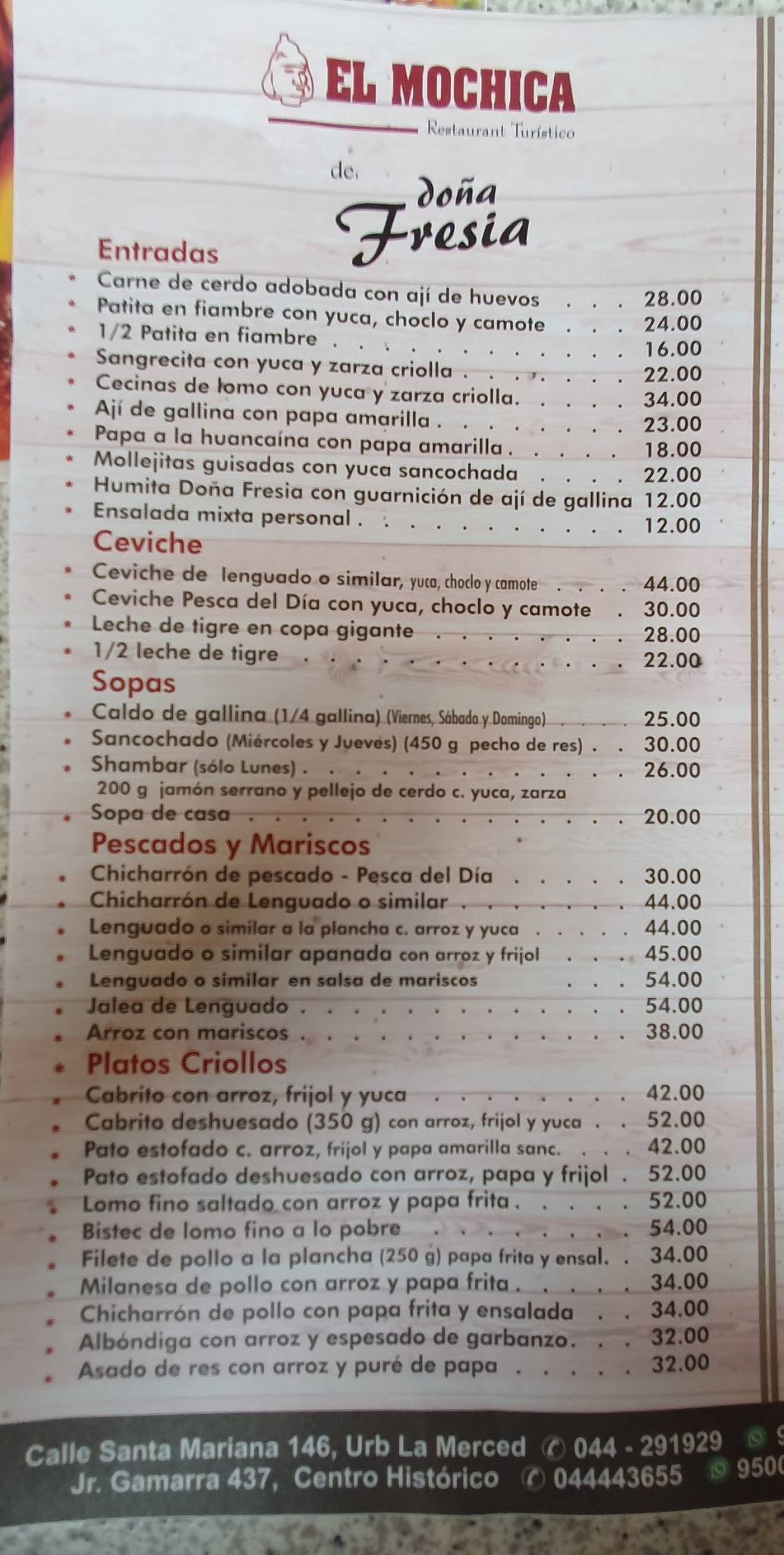 Carta del restaurante El Mochica del Doña Fresia, Trujillo, Calle Santa ...