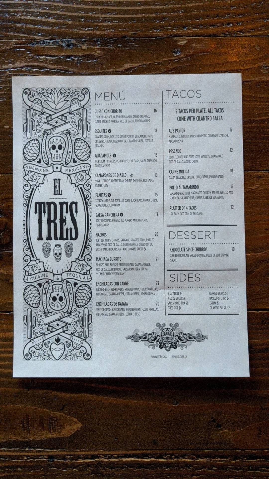 Menu at El Tres restaurant, Thunder Bay