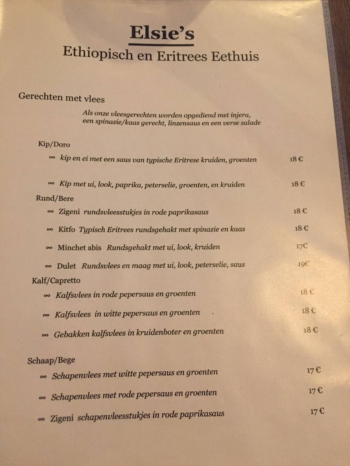 Menu au Elsie's Ethiopisch en Eritrees eethuis Antwerpen, Anvers ...