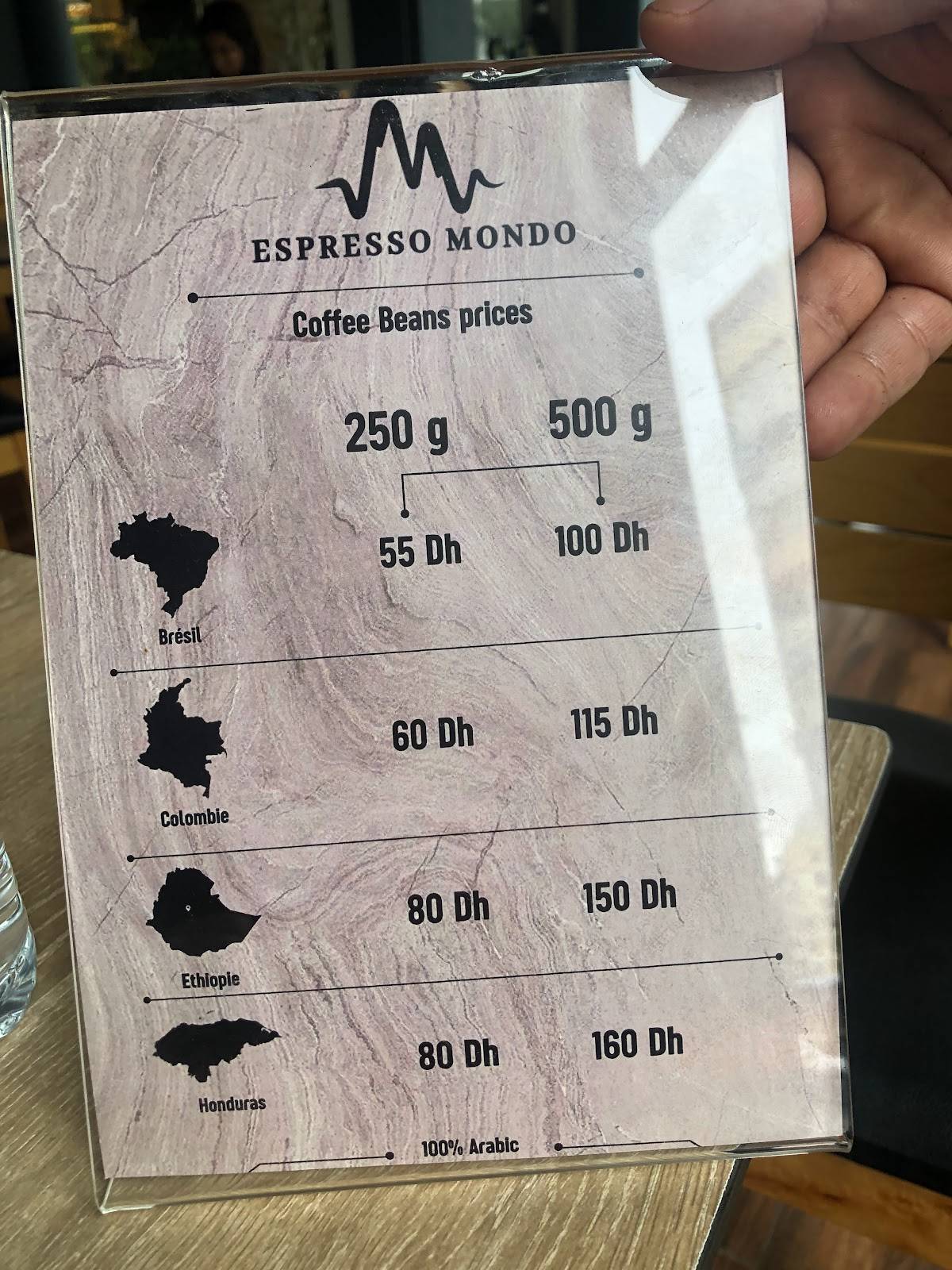 Menu at Espresso Mondo restaurant, Tangier