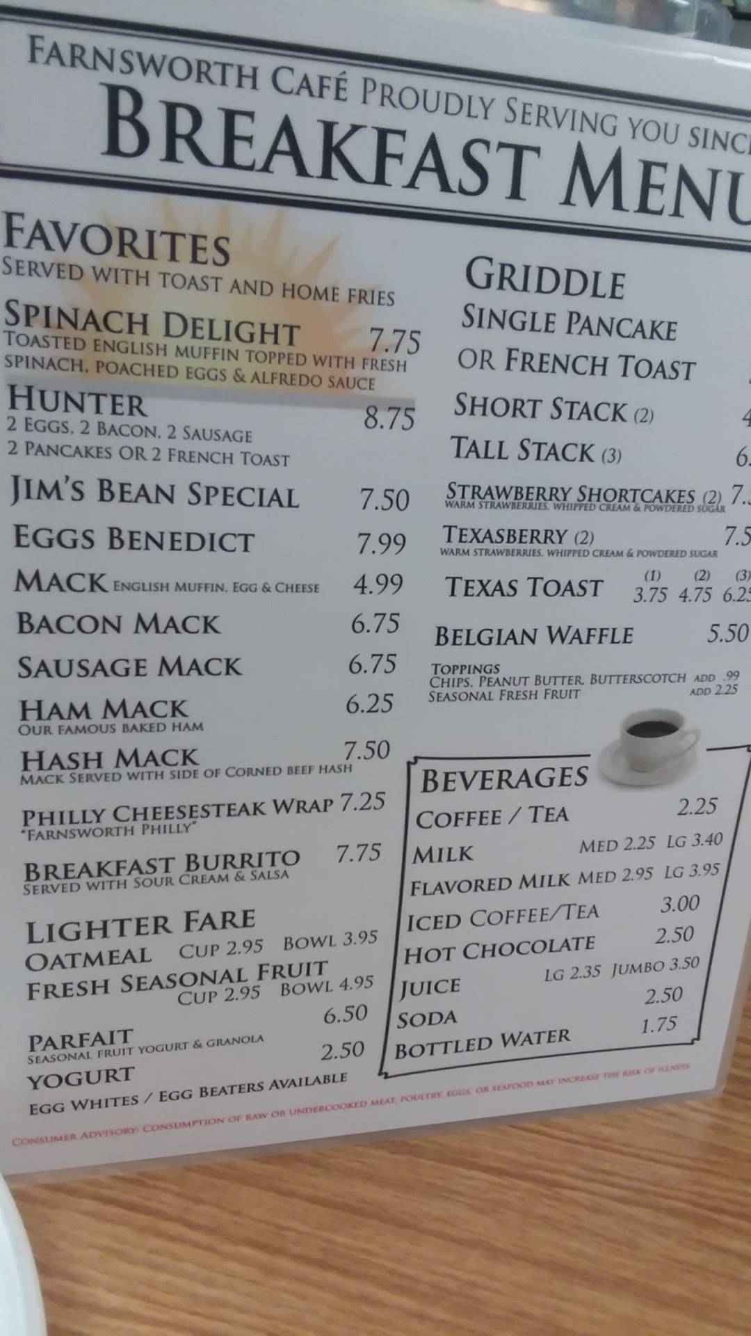 Menu at Farnsworth Cafe, East Providence