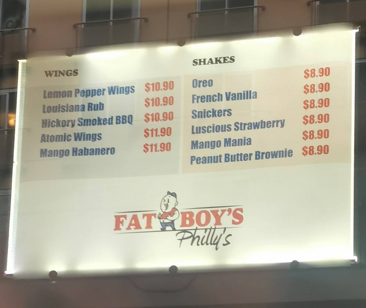 Menu at Fatboys Phillys restaurant, Melbourne