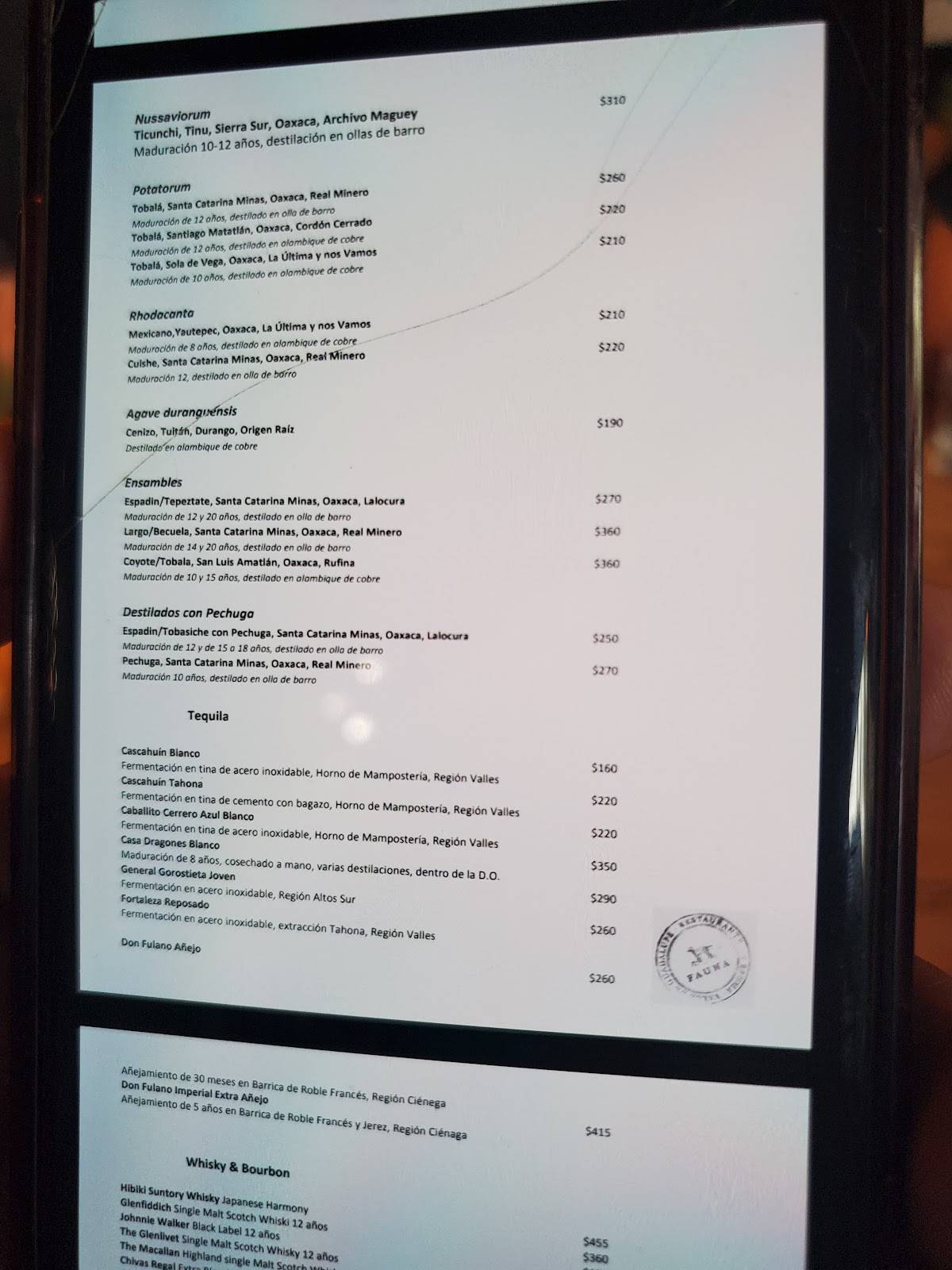 Carta del restaurante Fauna, Mexico