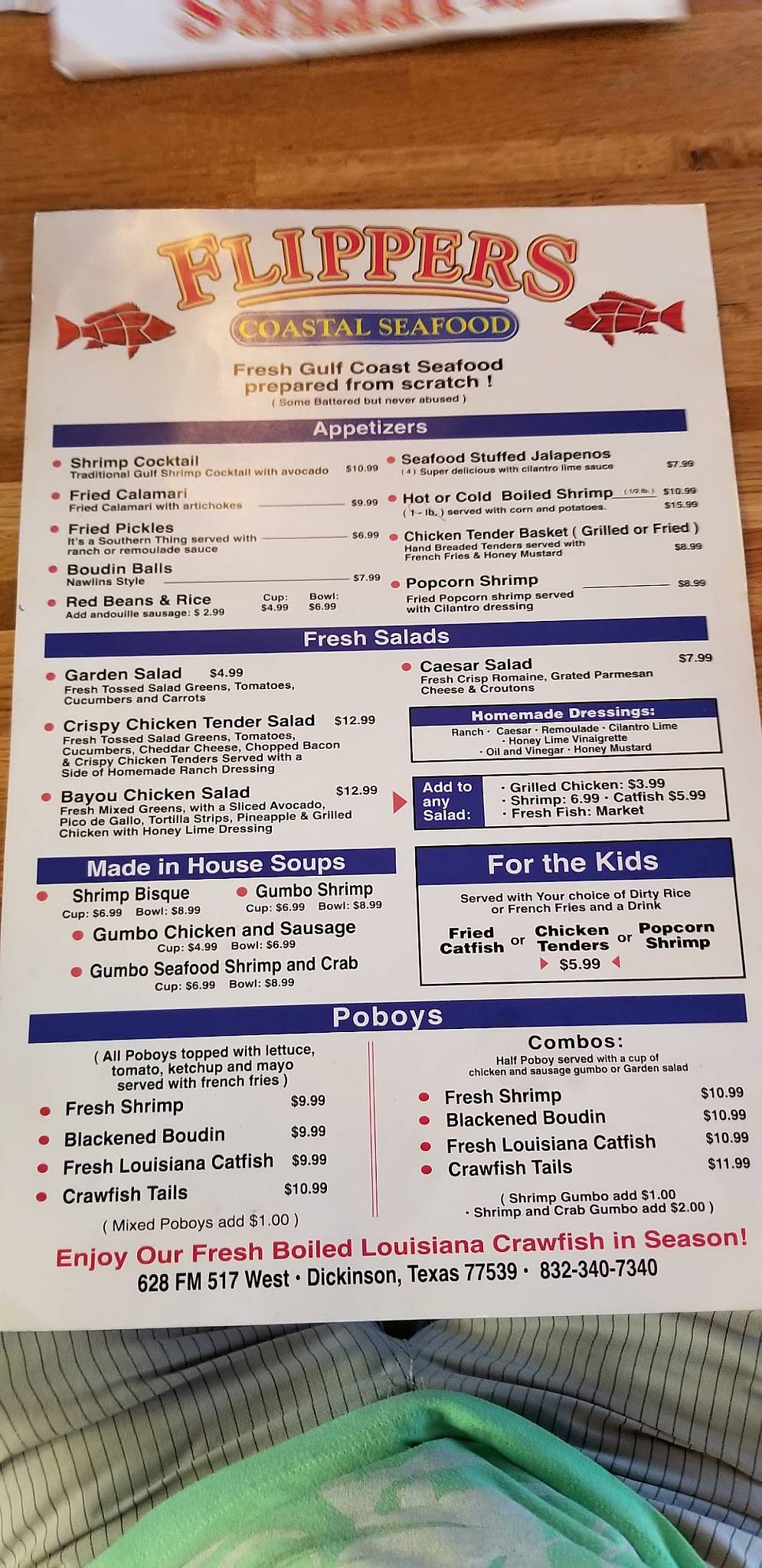 Menu at Flippers Coastal Seafood restaurant, Dickinson