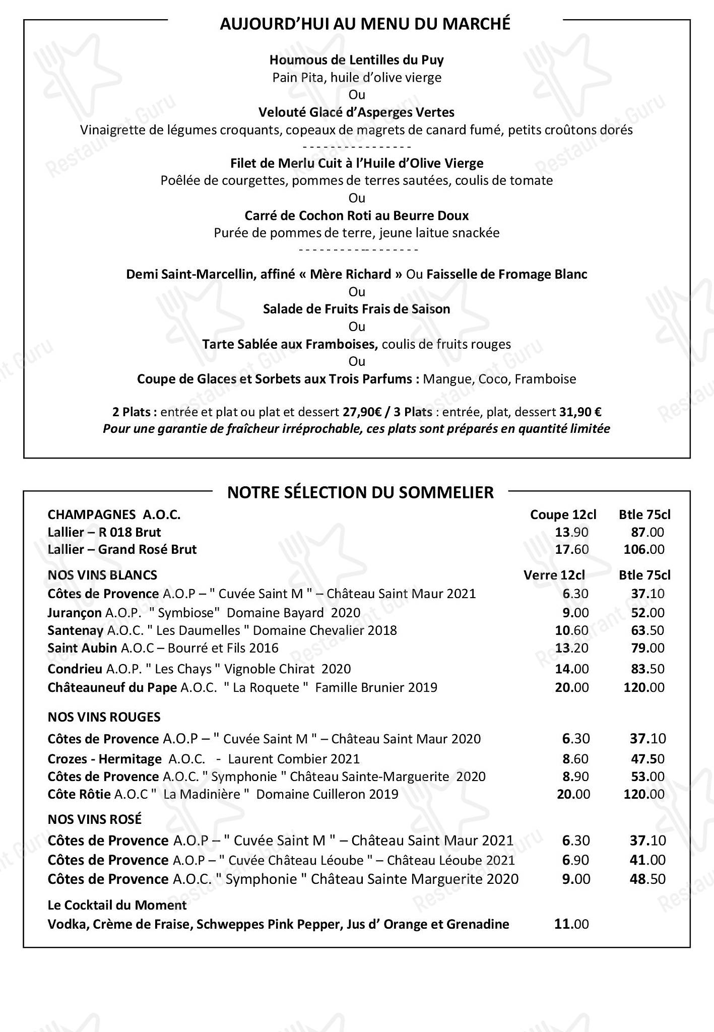 Menu au Restaurant Fond Rose - Bocuse, Caluire-et-Cuire, 25 chemin de ...