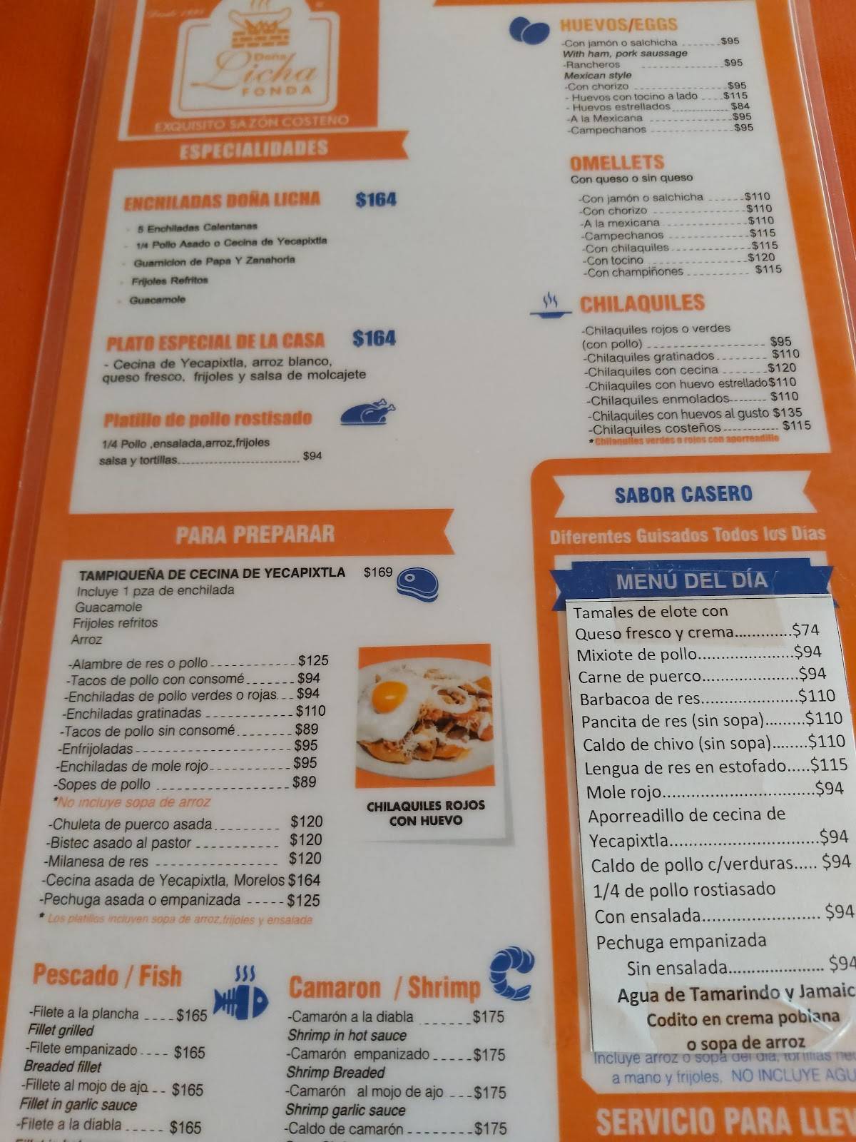 Menu at Fonda Doña Licha restaurant, Zihuatanejo