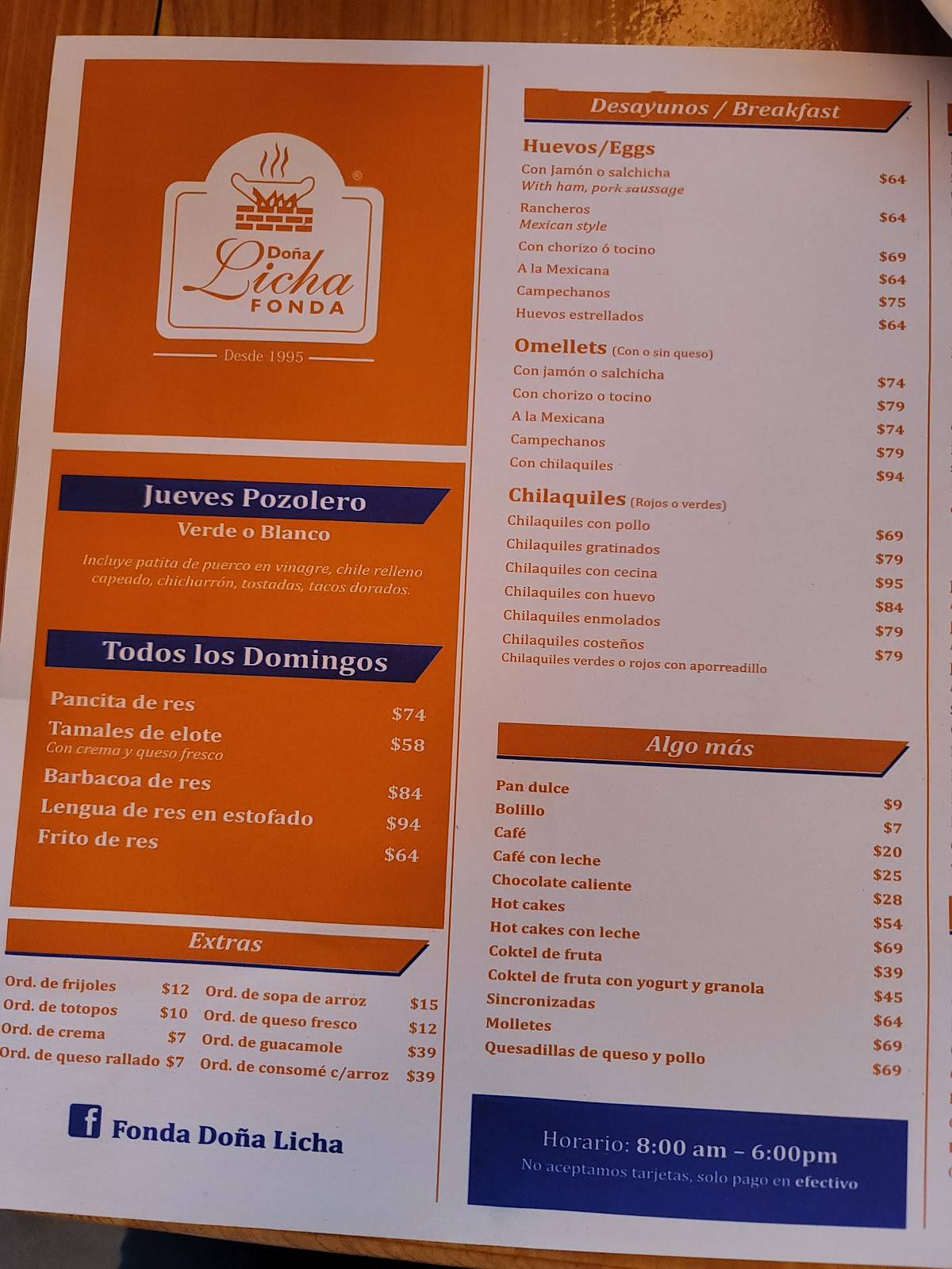 Menu at Fonda Doña Licha restaurant, Zihuatanejo
