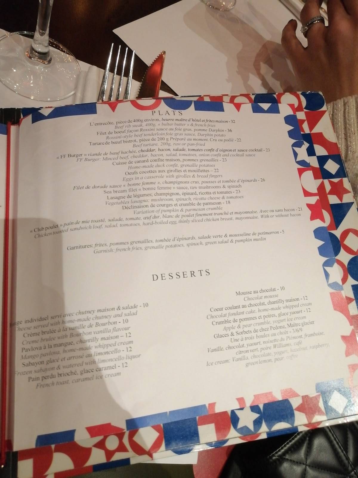 Menu at François Félix restaurant, Paris