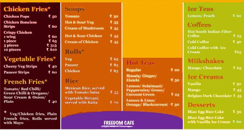 Menu at Freedom Cafe, Bengaluru