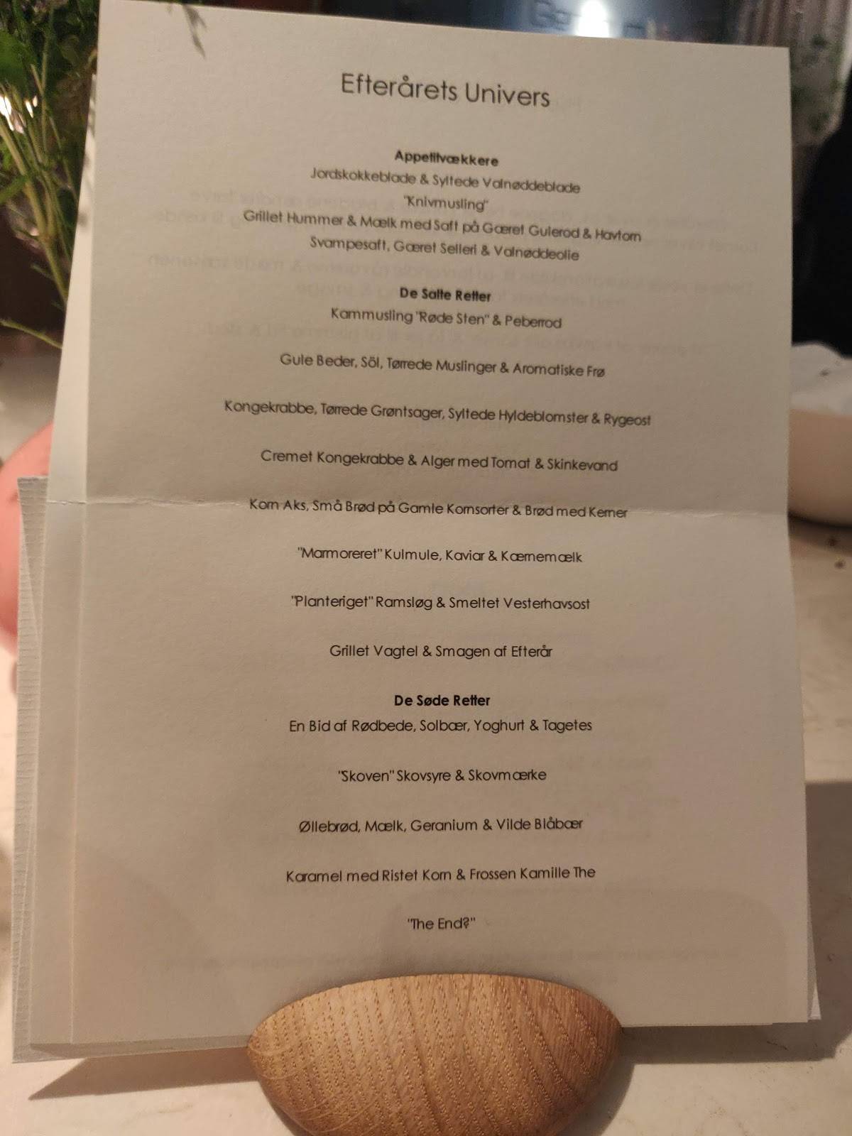Menu at Geranium restaurant, Copenhagen