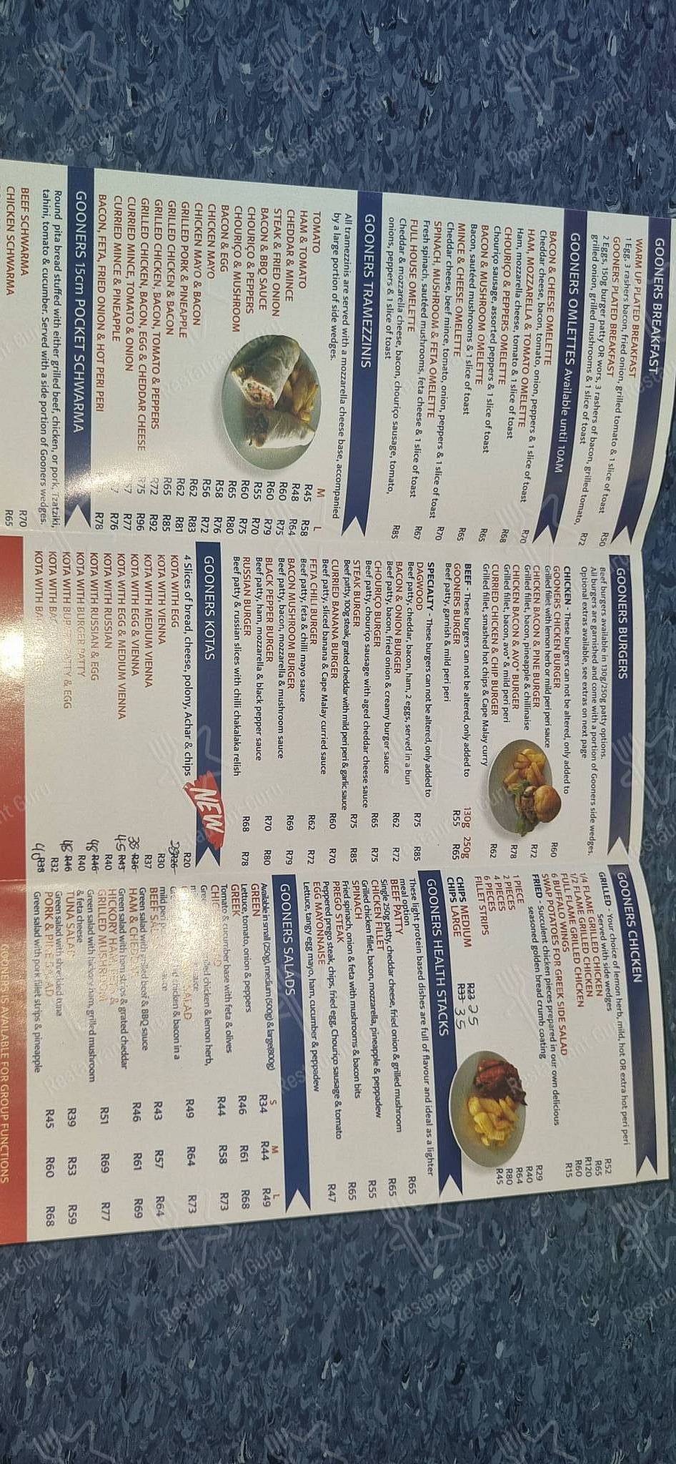 Menu at Gooners Cafe, Germiston