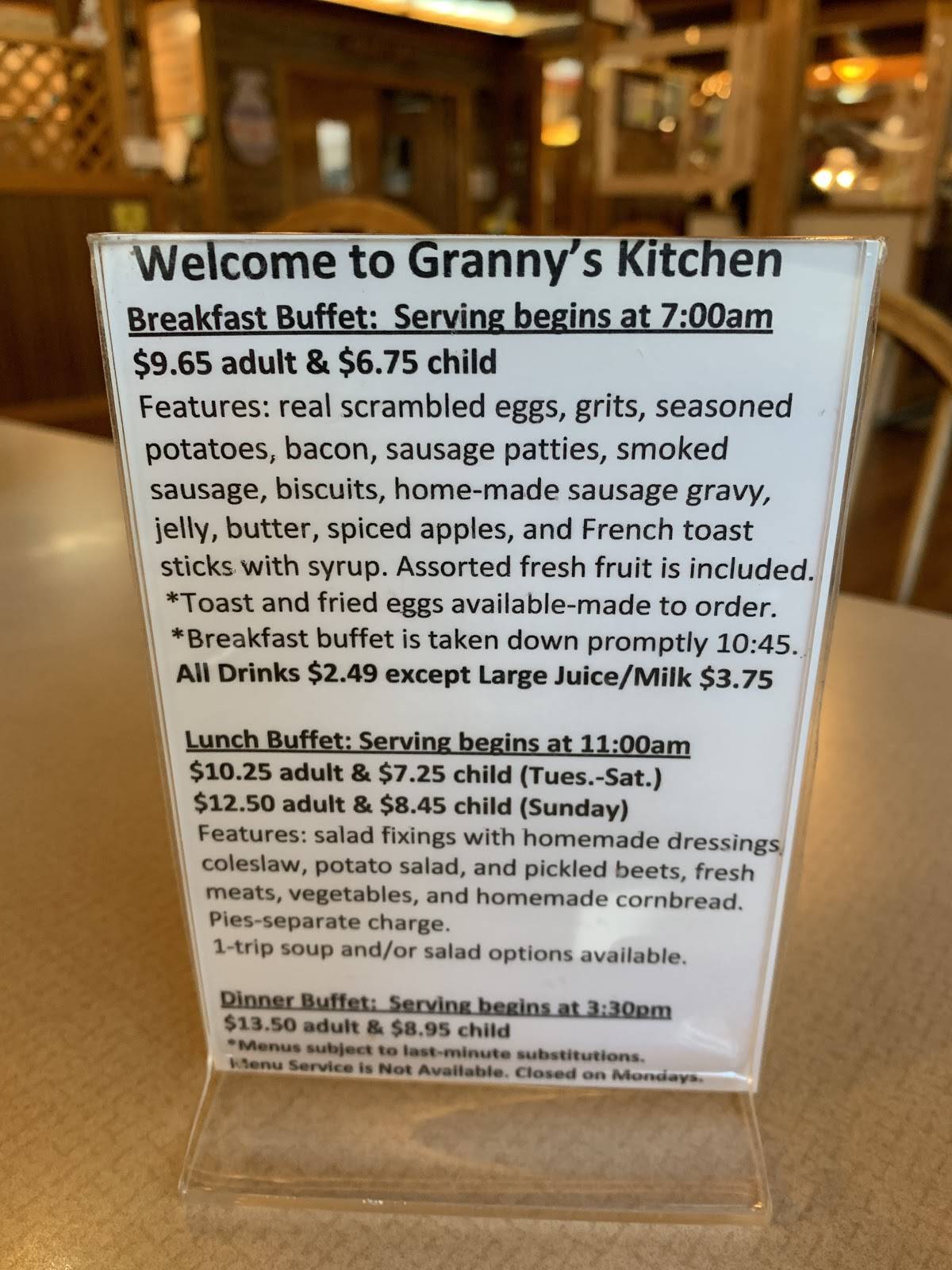 Menu at Granny's Kitchen restaurant, Cherokee, Paint Town Rd