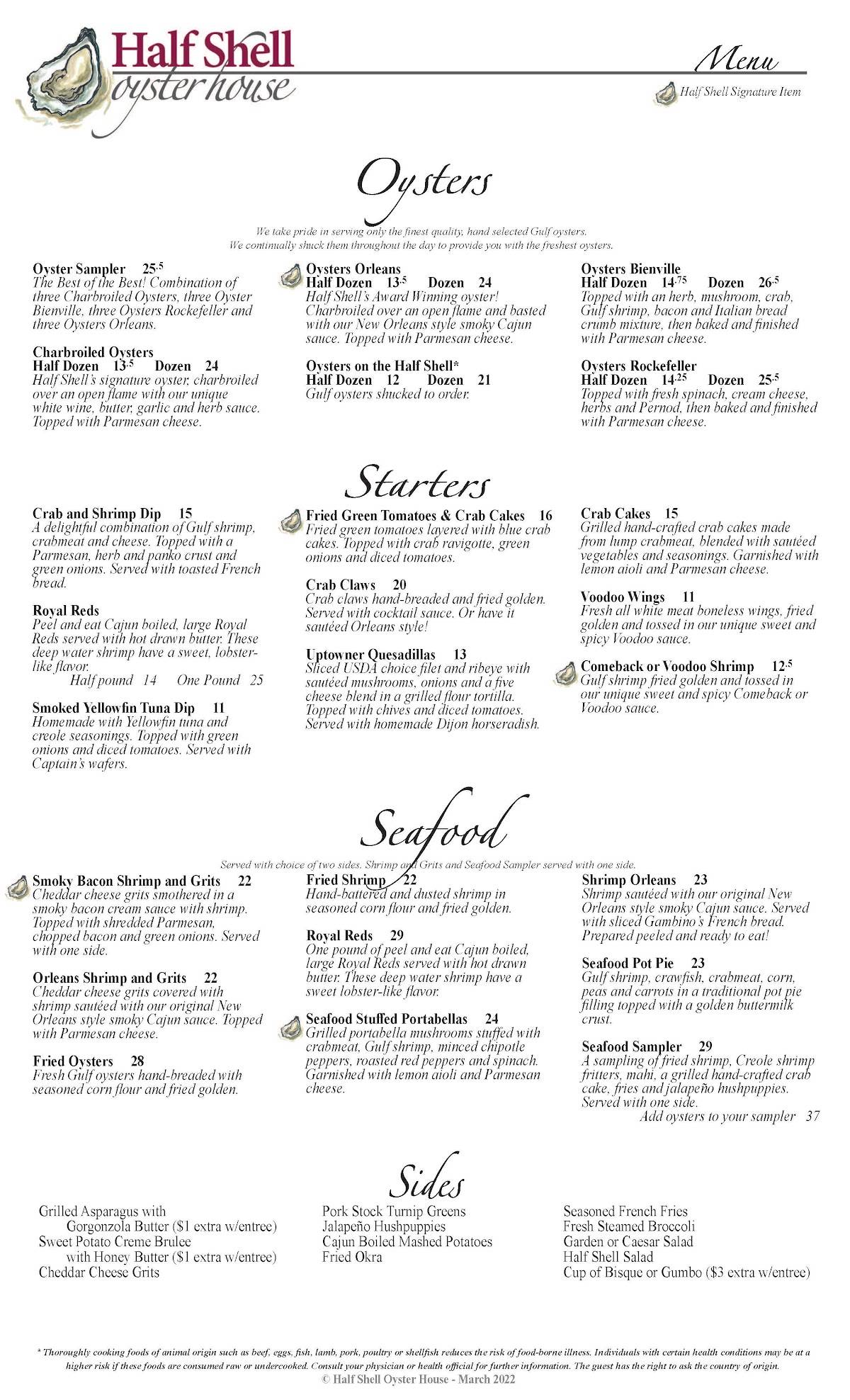 Menu at Half Shell Oyster House restaurant, Gulfport