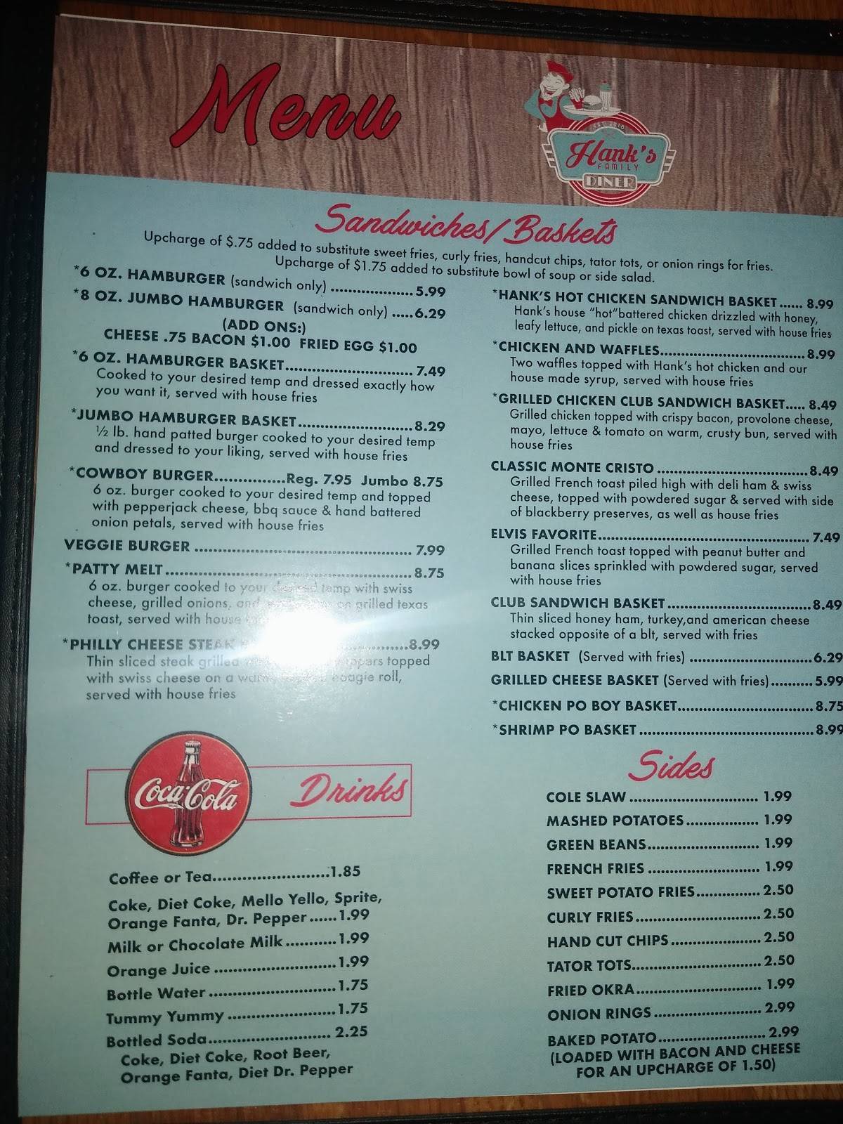 Menu at Hanks Family Diner restaurant, Hohenwald