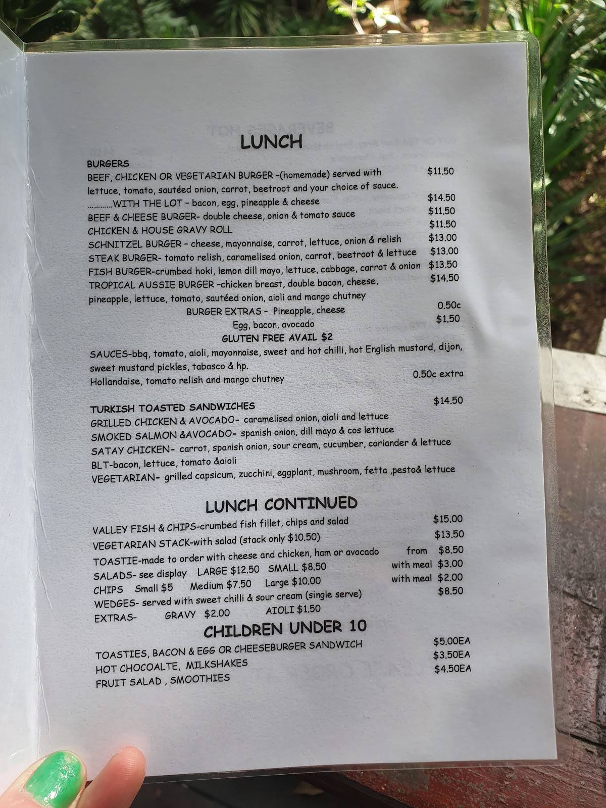 Menu at Heritage Hideaway Cafe, Tallebudgera