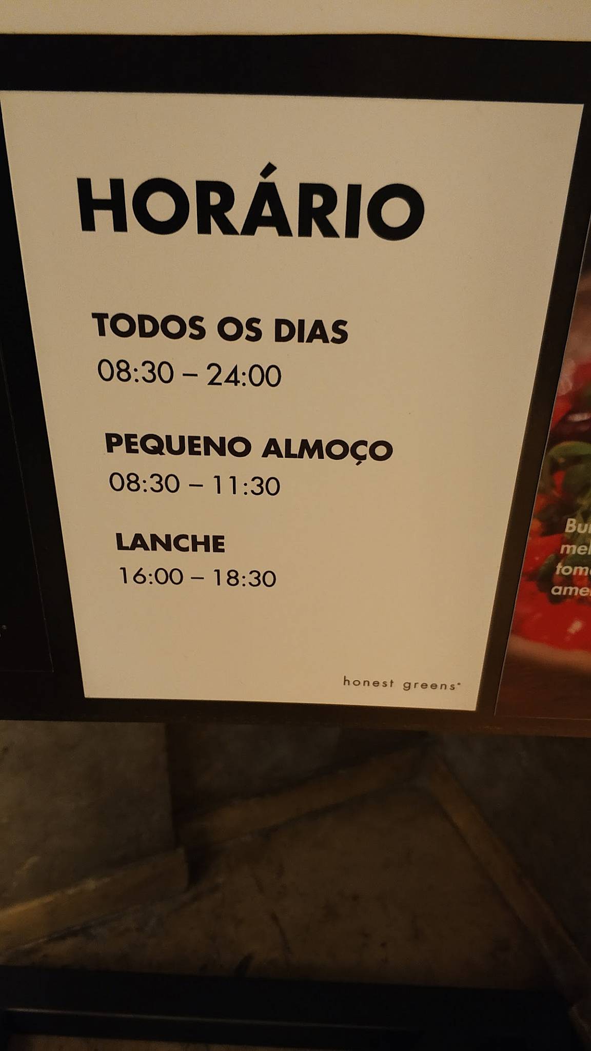 Menu em Honest Greens restaurante, Lisboa