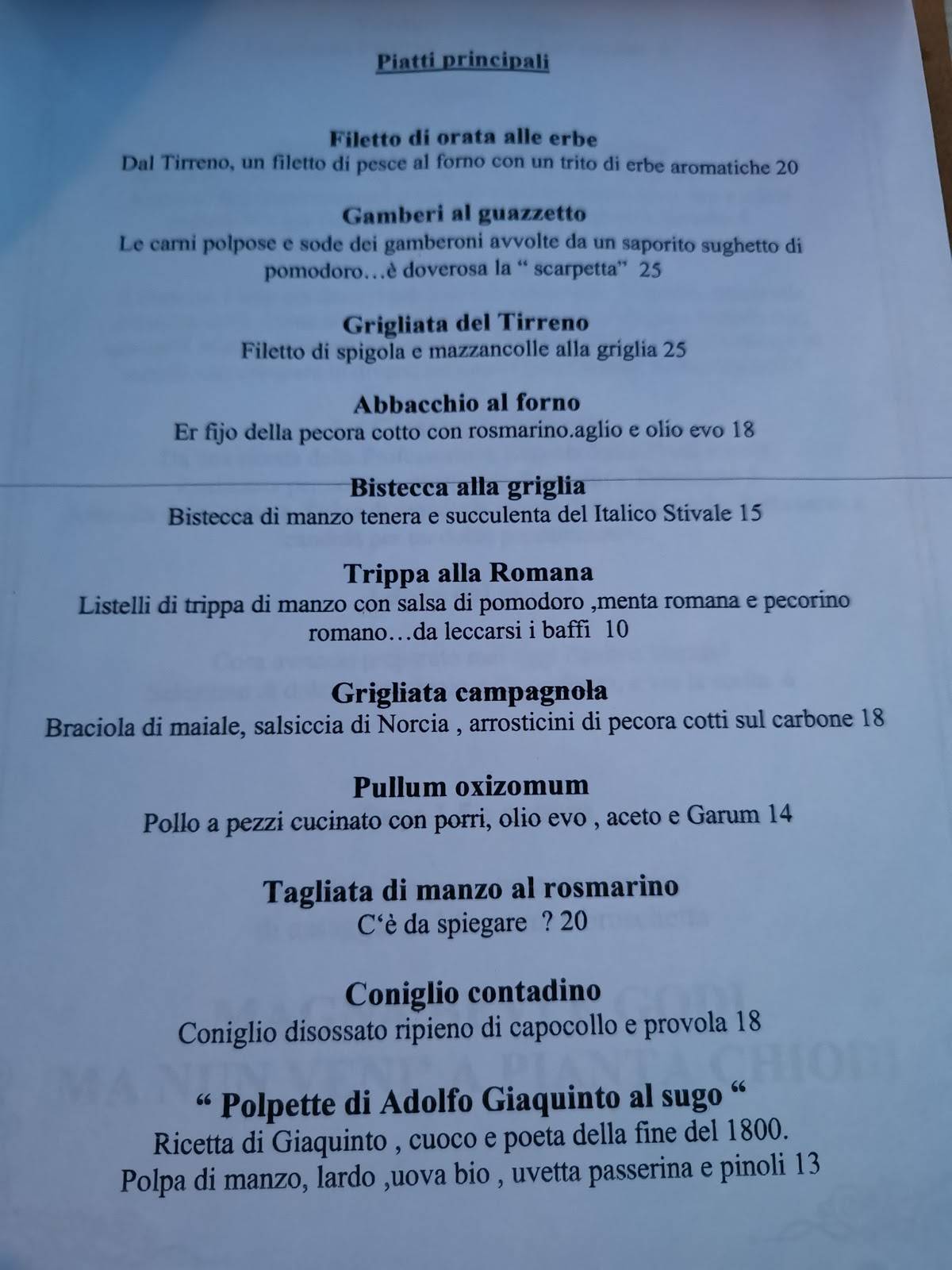 Menu at Hostaria Antica Roma restaurant, Rome, Via Appia Antica