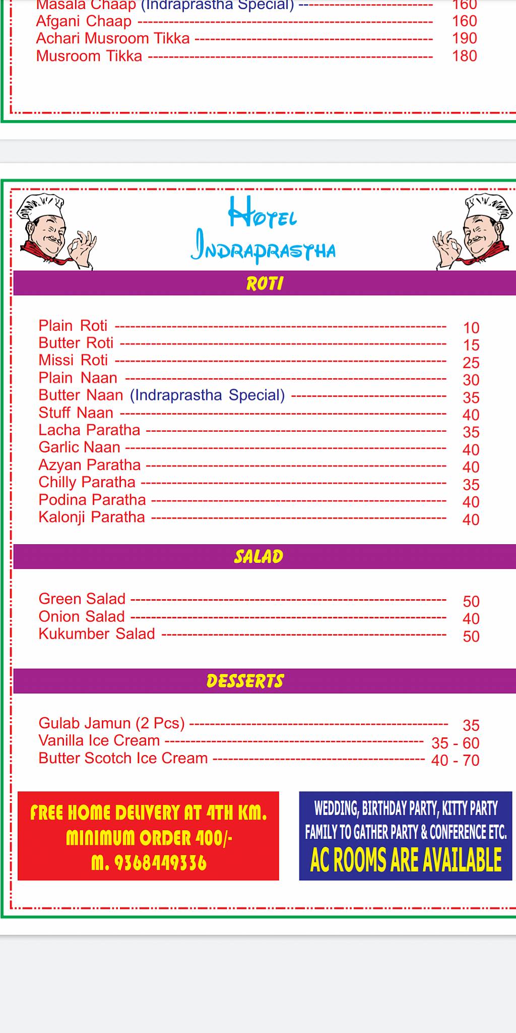 Menu at Indraprastha Hotel & Restaurant, Mawana
