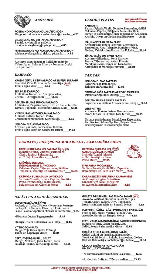 Menu at Italissimo restaurant, Riga