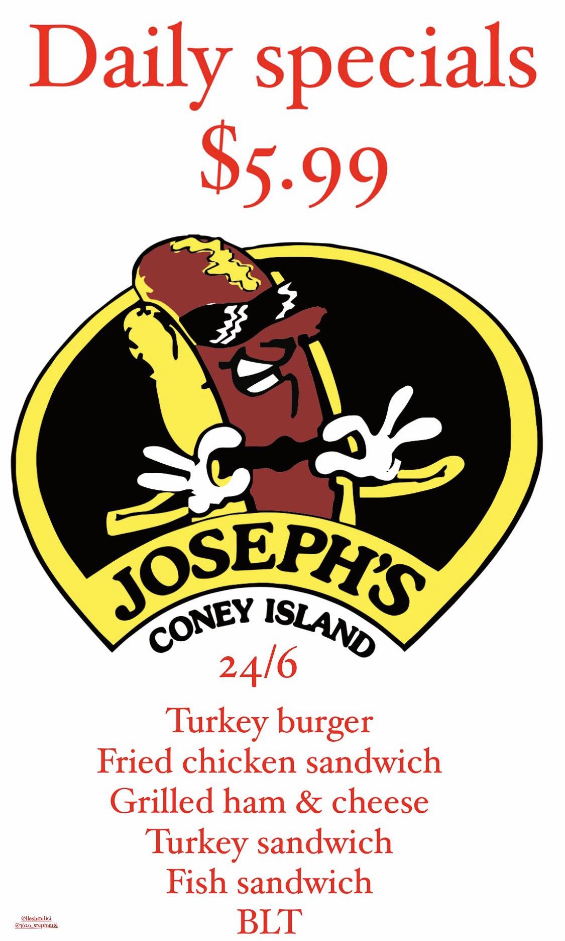 Menu at Joseph's Coney Island restaurant, Detroit