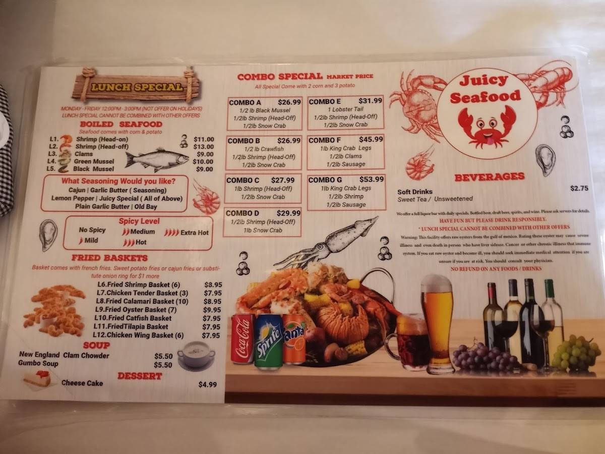 Menu at Juicy Seafood restaurant, Evansville