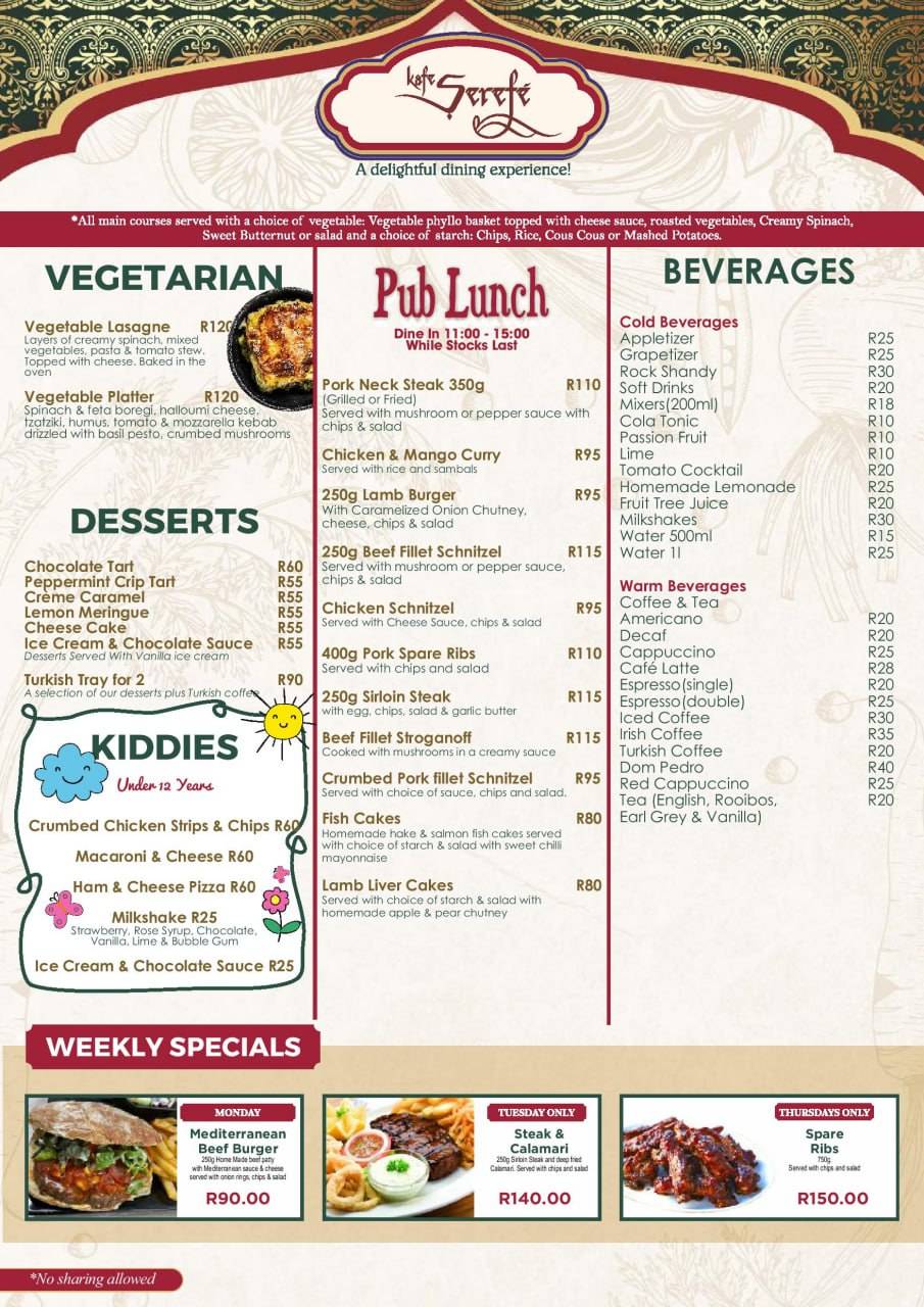 Menu at Kafe Serefe restaurant, George