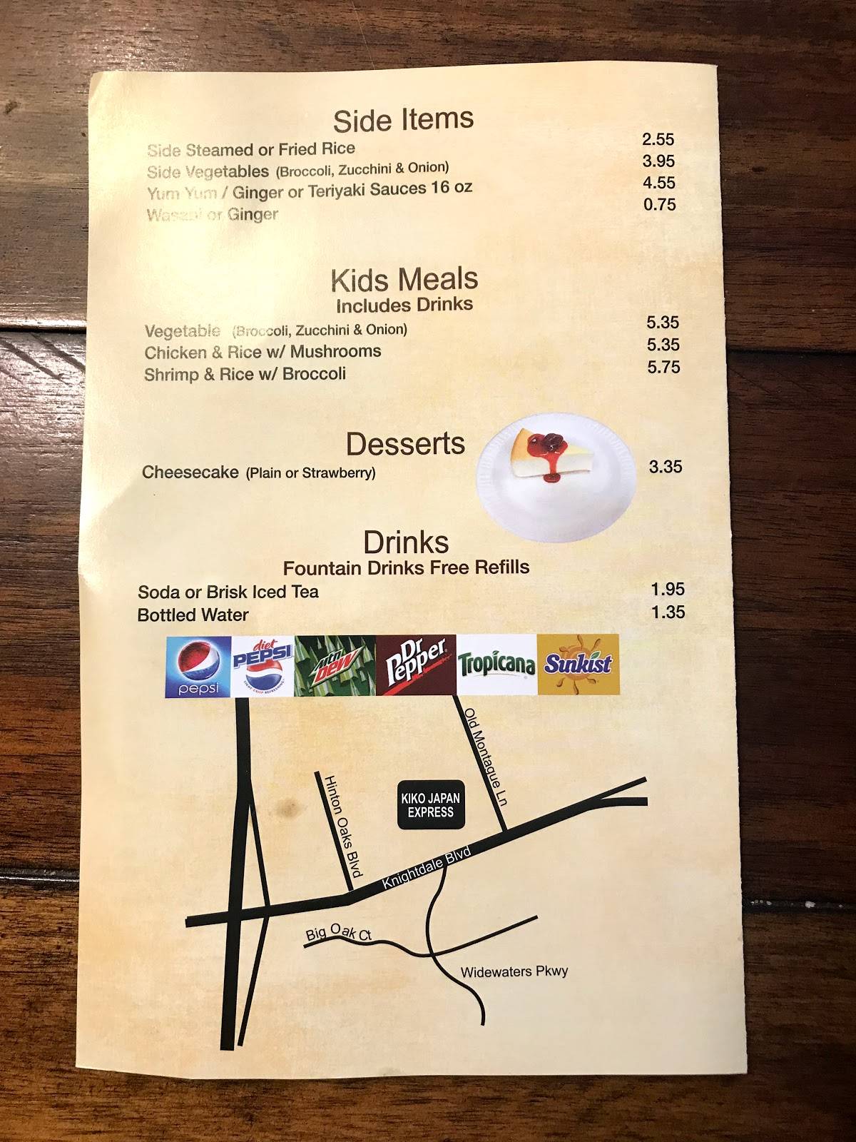 Menu at Kiko Japan Express restaurant, Knightdale