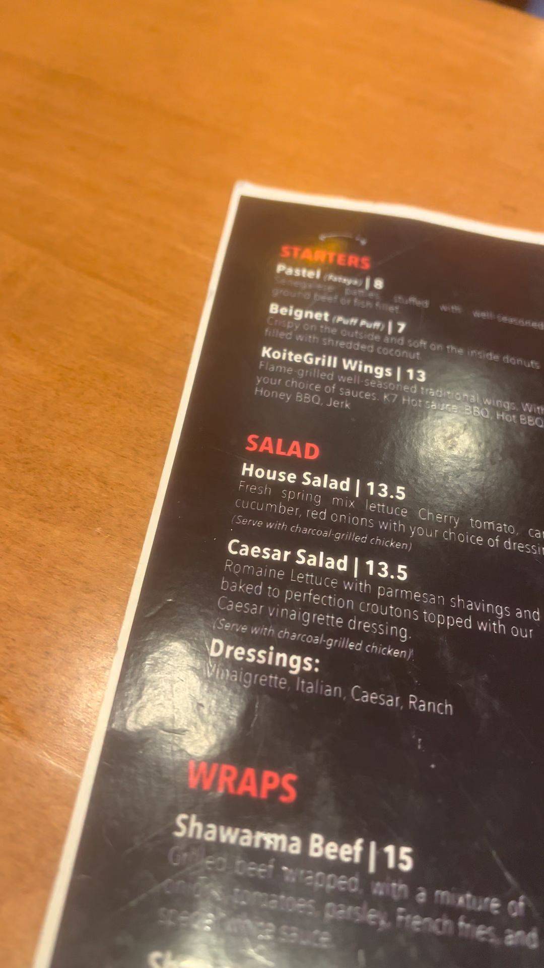 Menu at Koité Grill restaurant, Silver Spring