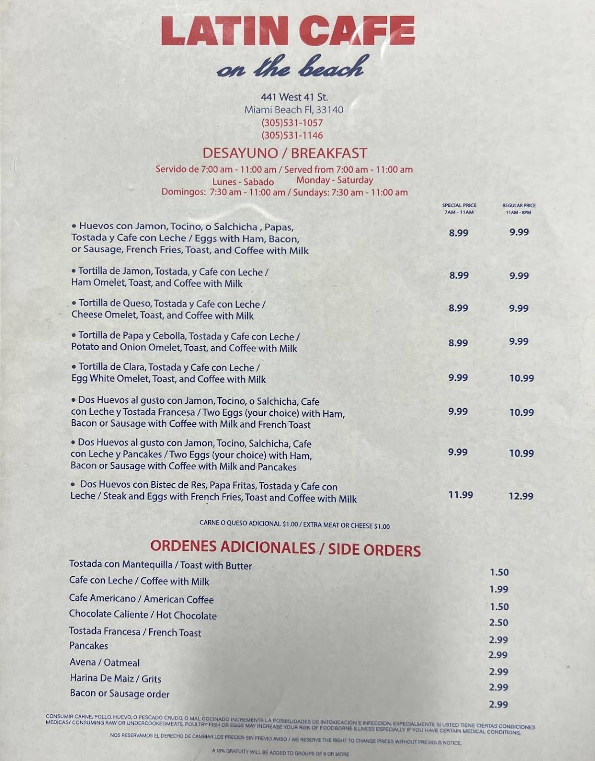 Menu at LATIN CAFÉ restaurant, Miami Beach, 441 41st St