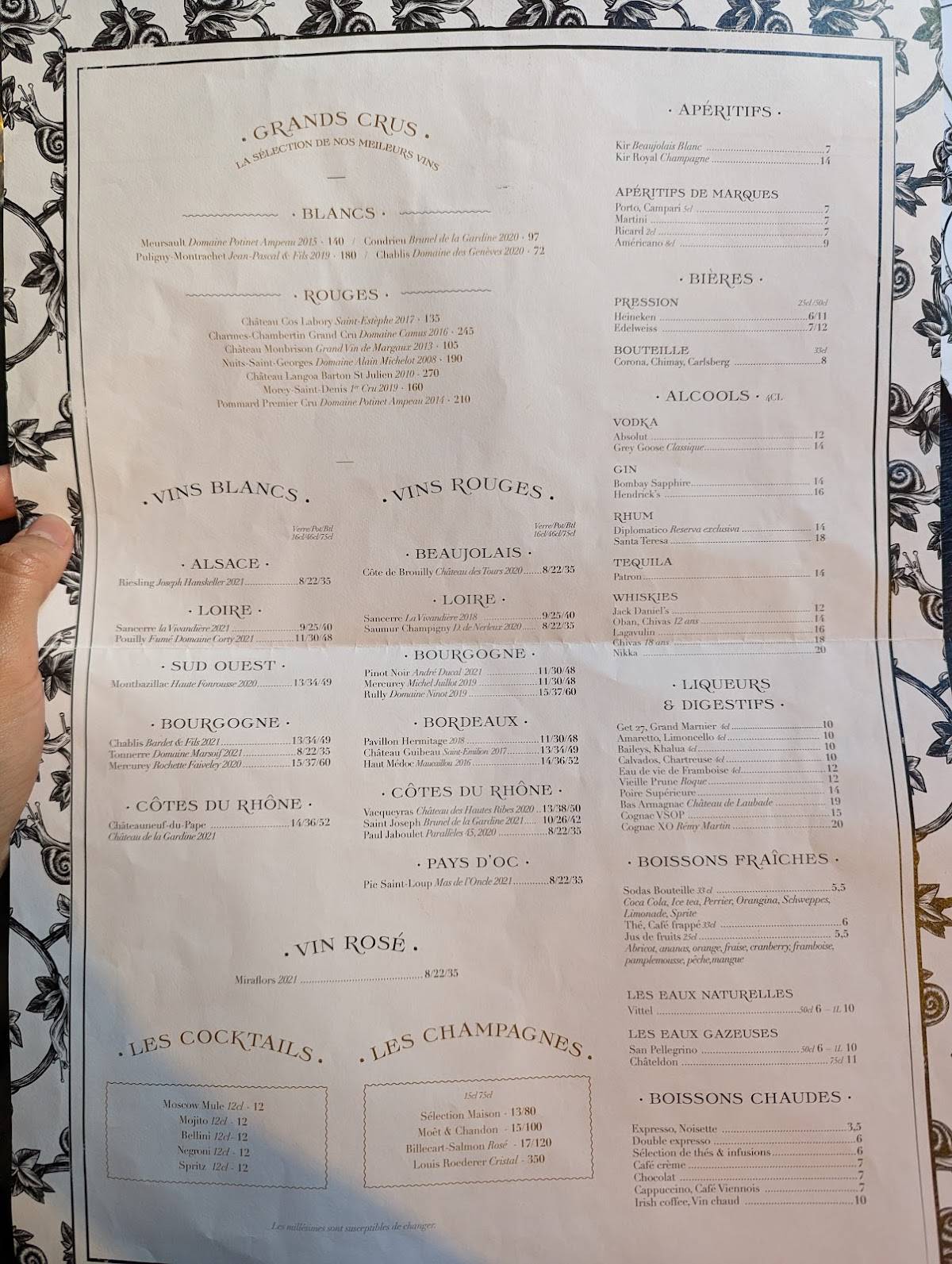 Menu at L'Escargot restaurant, Paris, 38 Rue Montorgueil