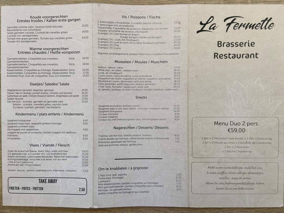 Menu au La Fermette Adinkerke, La Panne