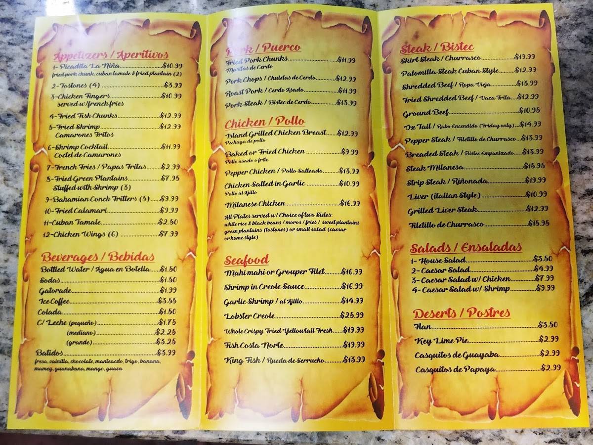 Menu at La Niña Restaurant, Marathon, Overseas Hwy