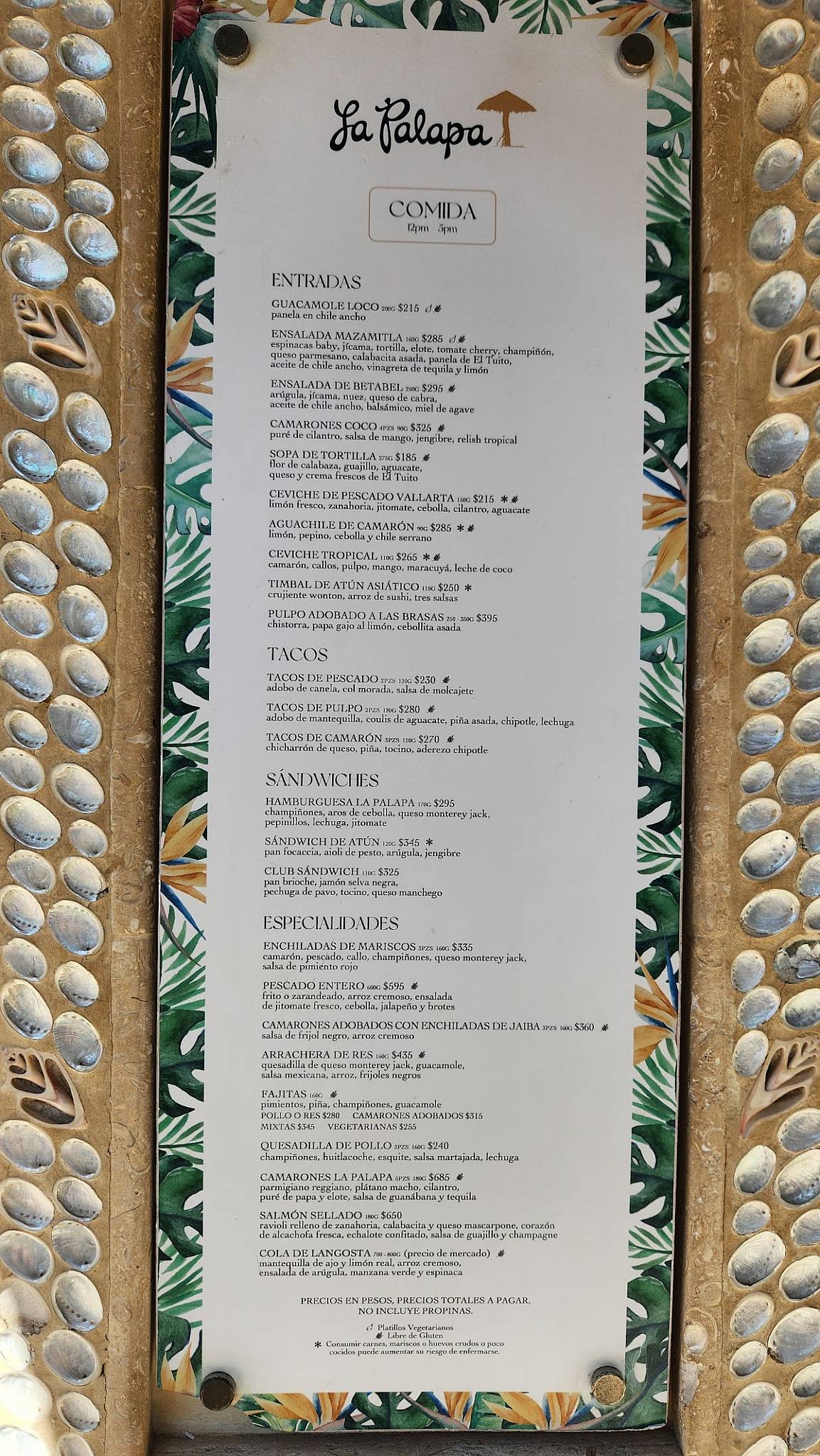 Menu at La Palapa Restaurant, Puerto Vallarta, Púlpito 105-3