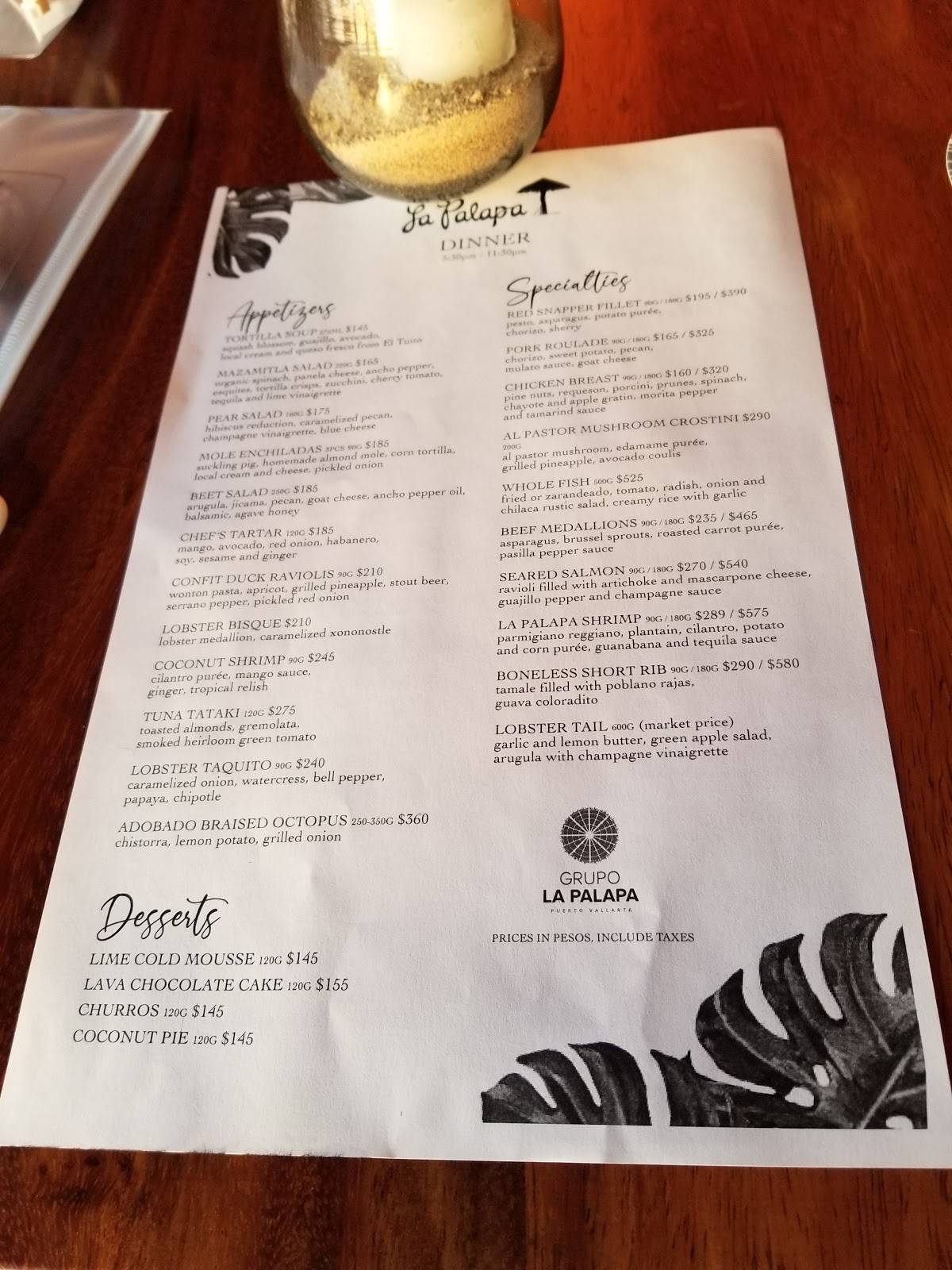 Menu at La Palapa Restaurant, Puerto Vallarta, Púlpito 105-3