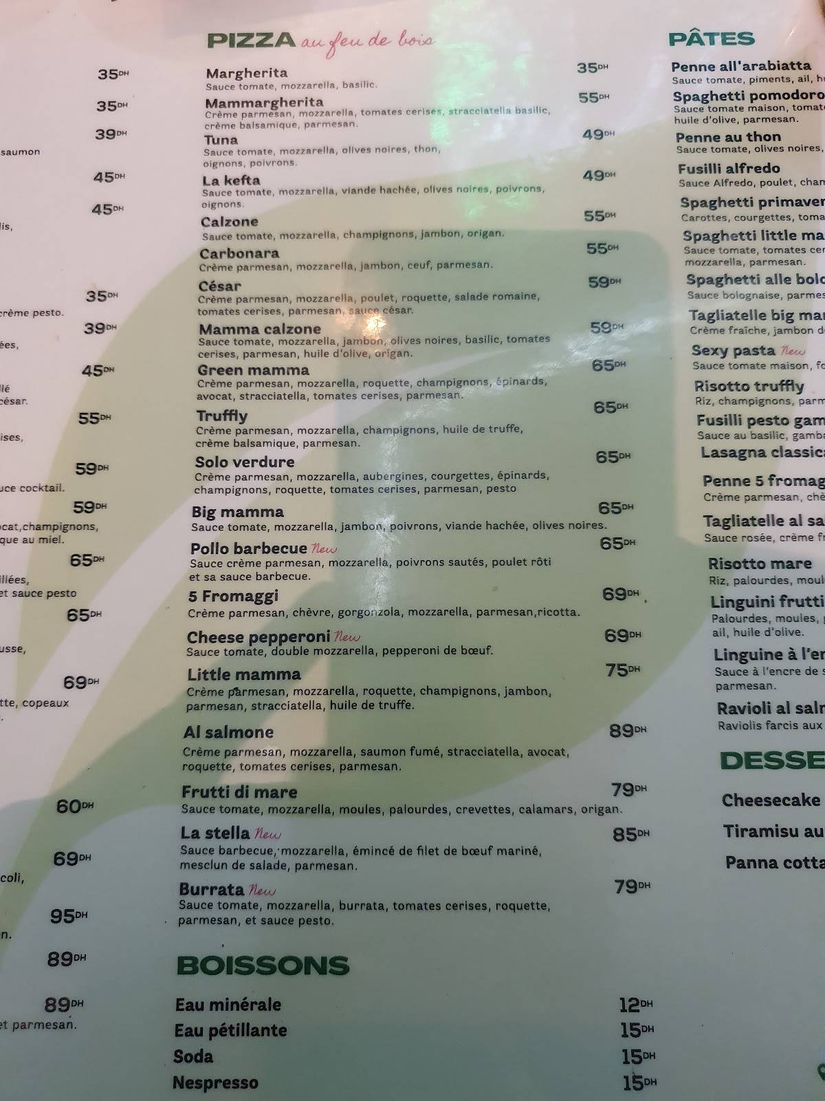 Menu at Little Mamma Marrakech restaurant, Marrakesh