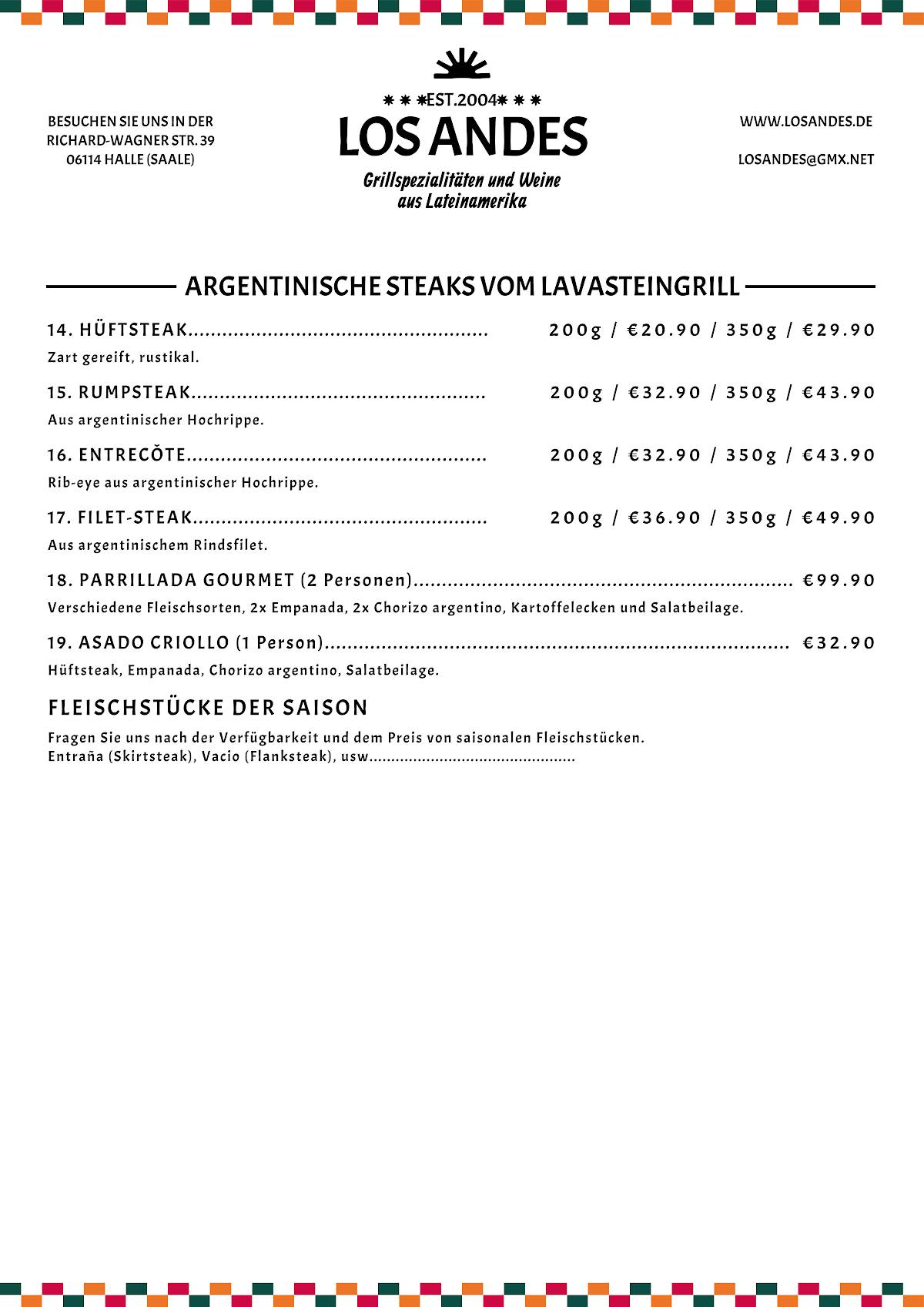 Carta de Restaurant Los Andes - Lateinamerikanische Grillspezialitäten ...