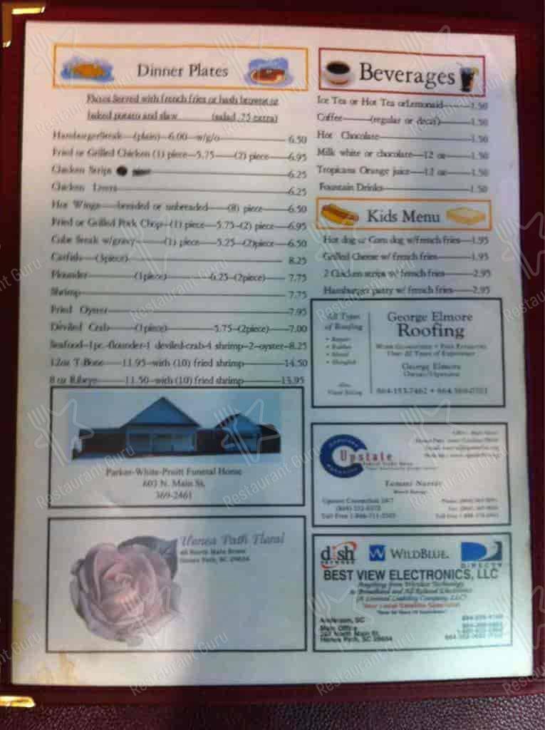 Menu at Lou & Perry's restaurant, Honea Path