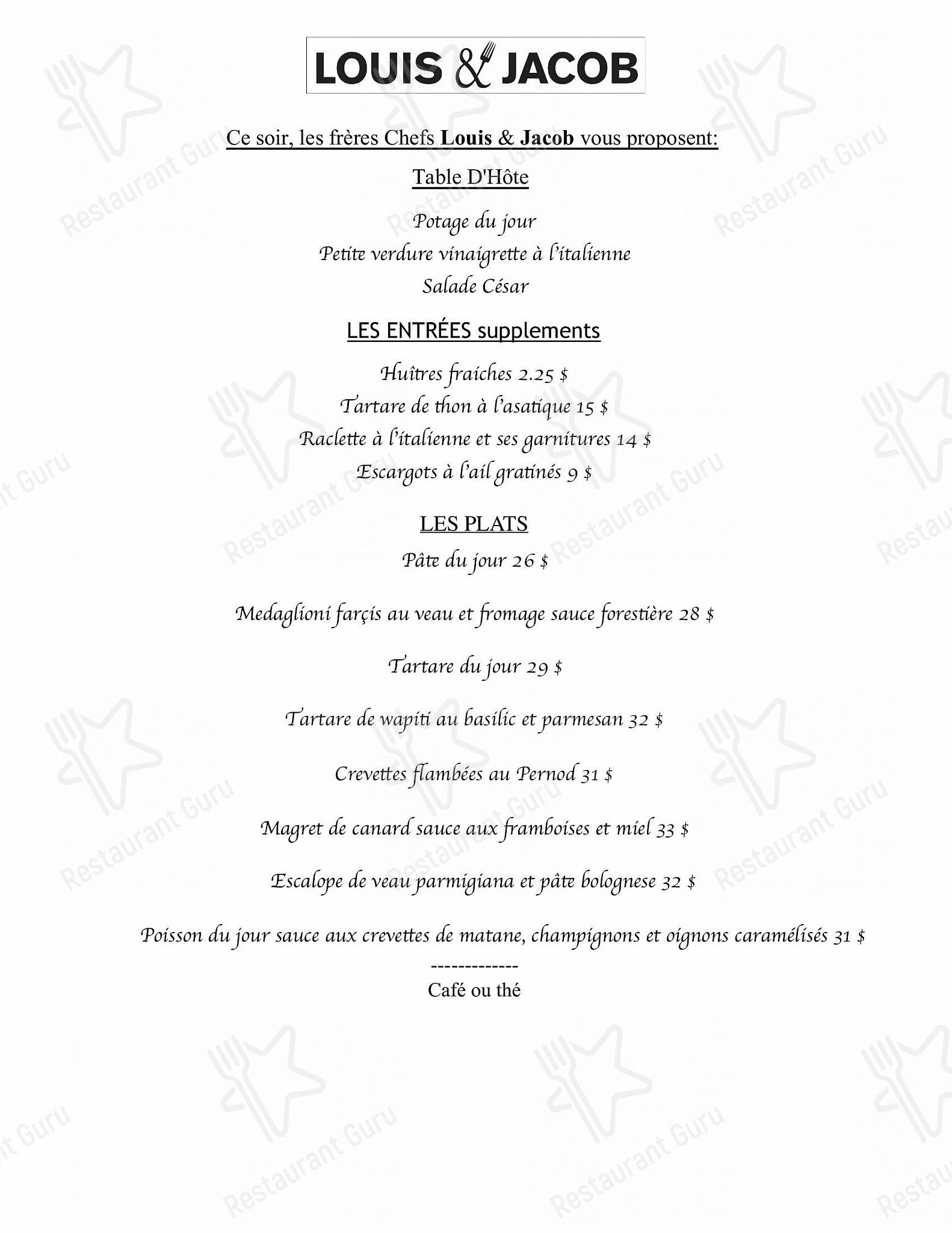 Menu au Restaurant Louis & Jacob, Laval