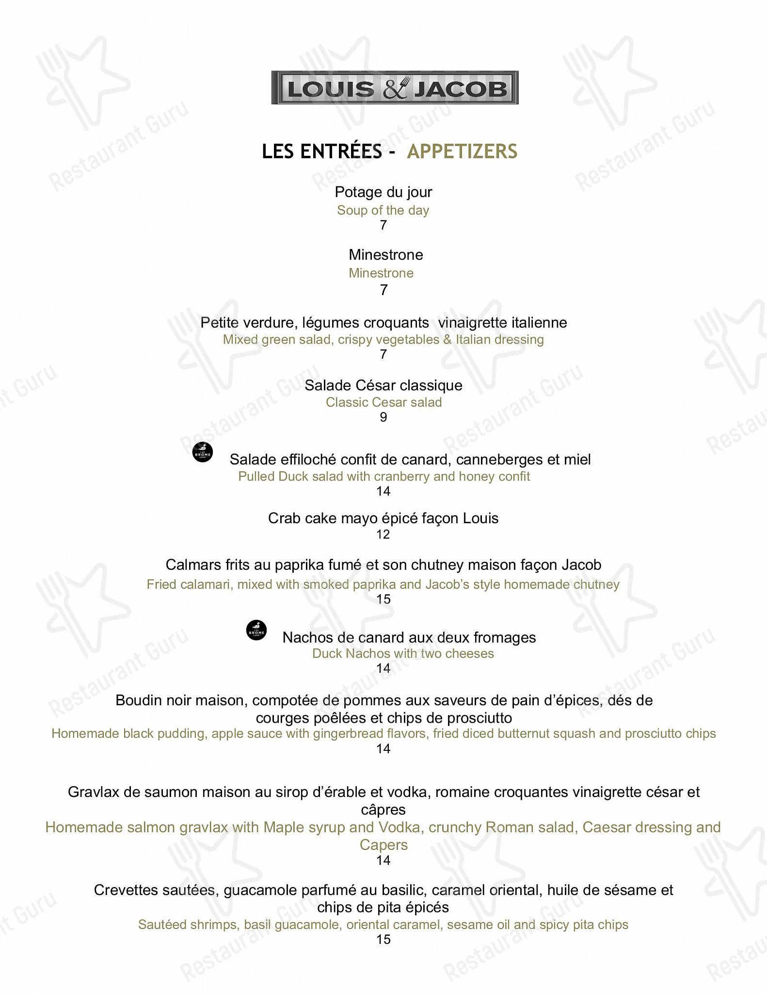Menu au Restaurant Louis & Jacob, Laval