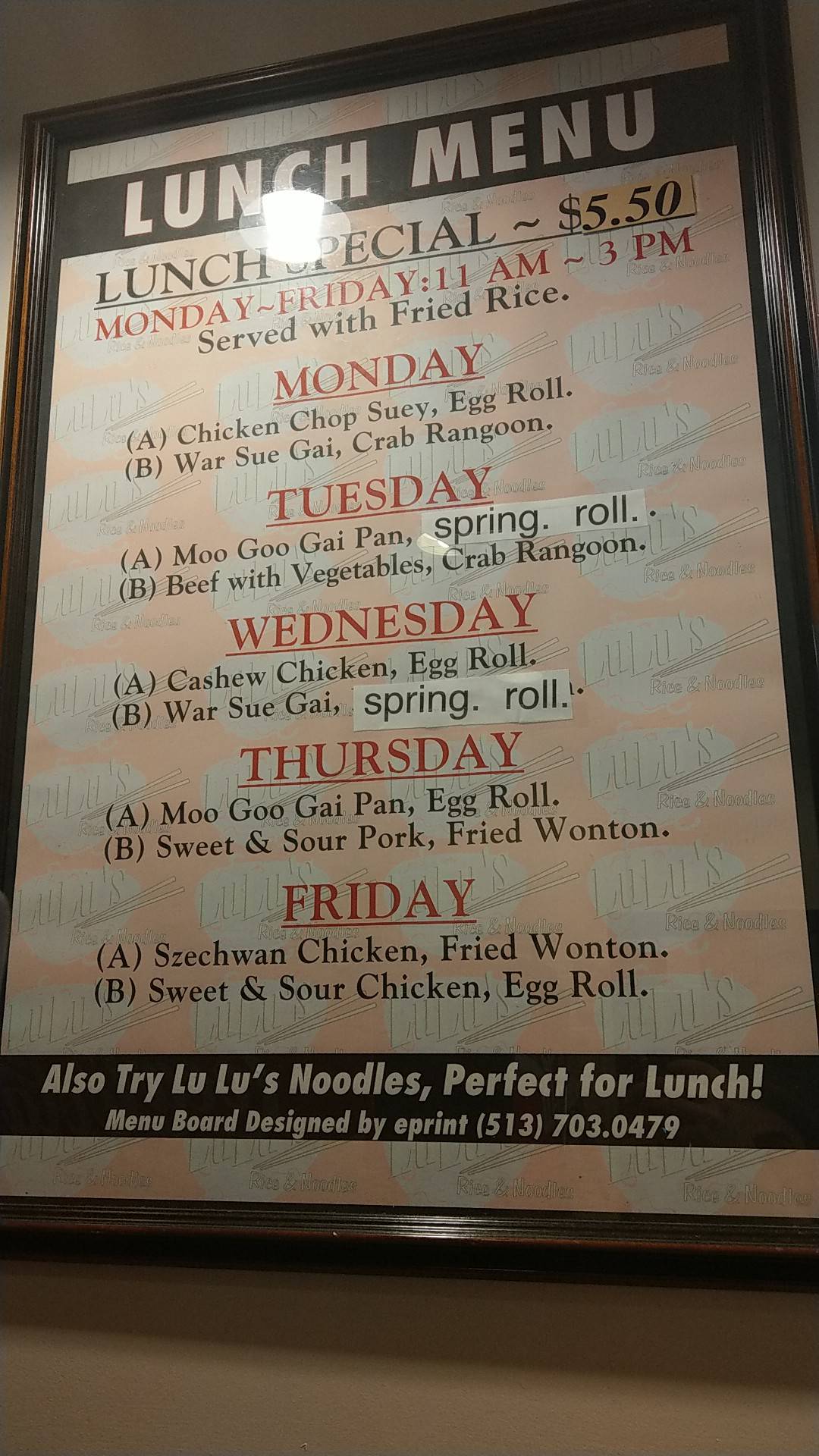 Menu at Lulu's Rice & Noodles restaurant, Springdale